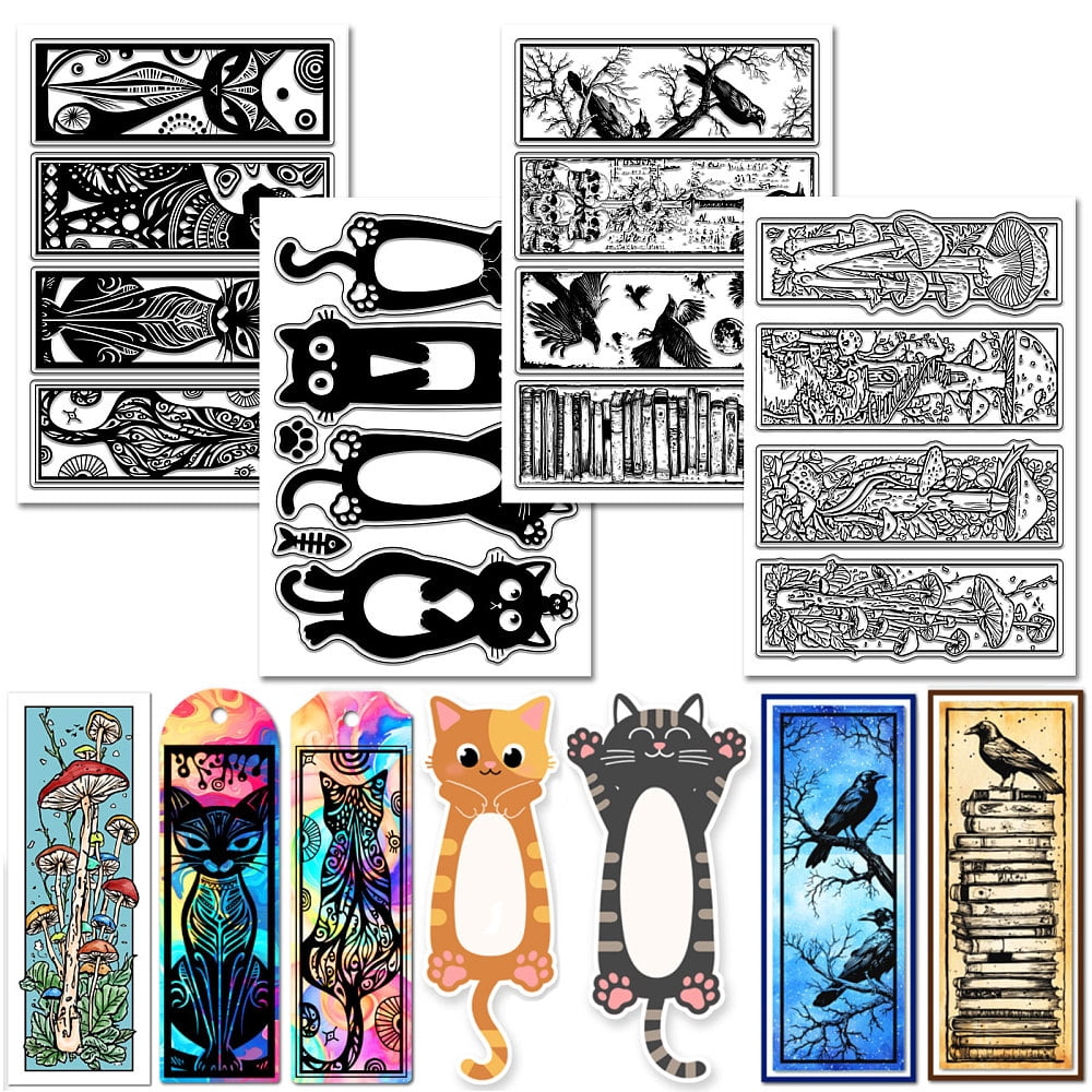4 Sheets Black Cat Bookmark Clear Stamp for Scrapbooking Crow Mushroom ...