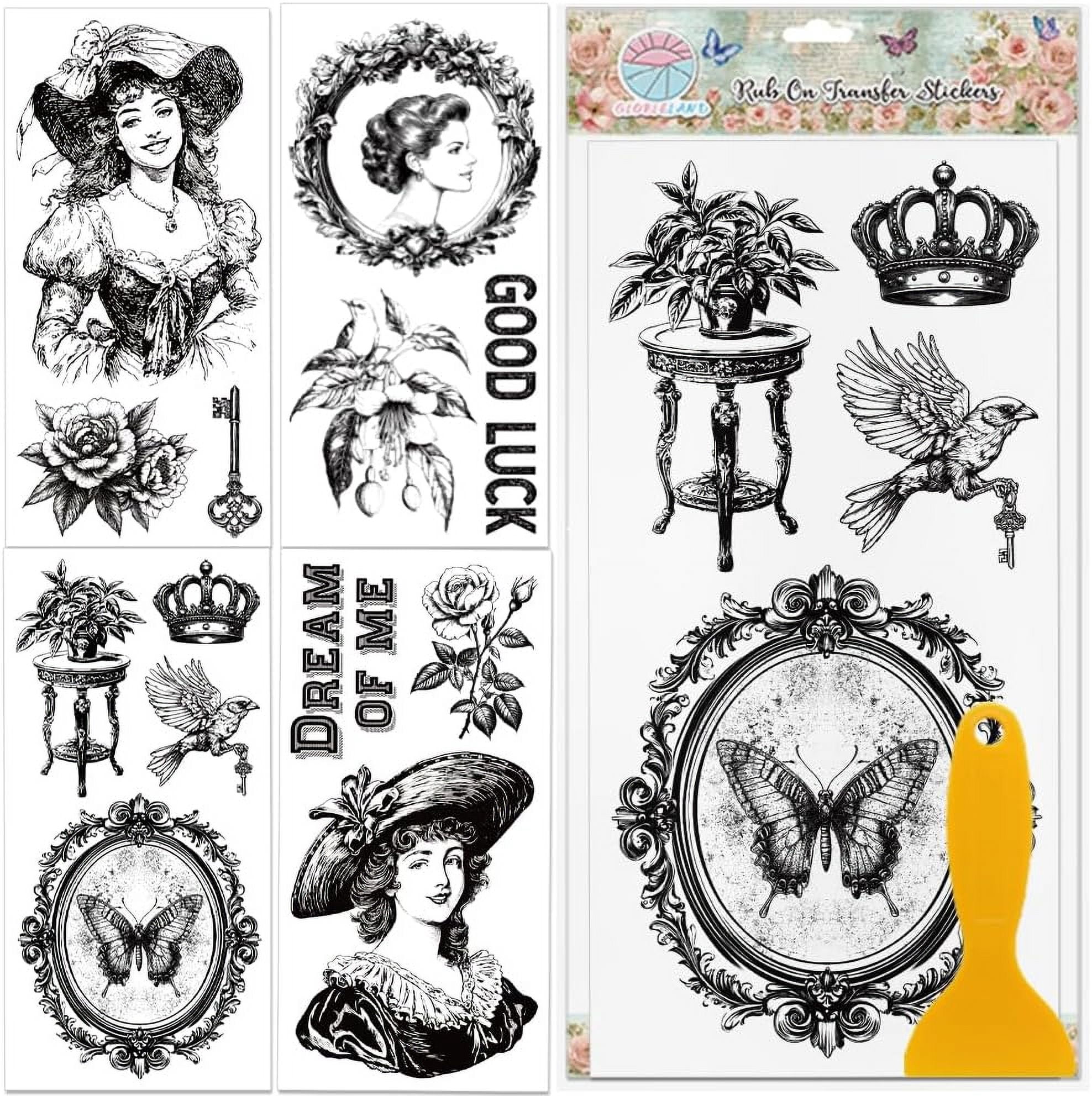 4 Sheets Black and White Sketch Rub on Transfers Retro Woman Frame ...