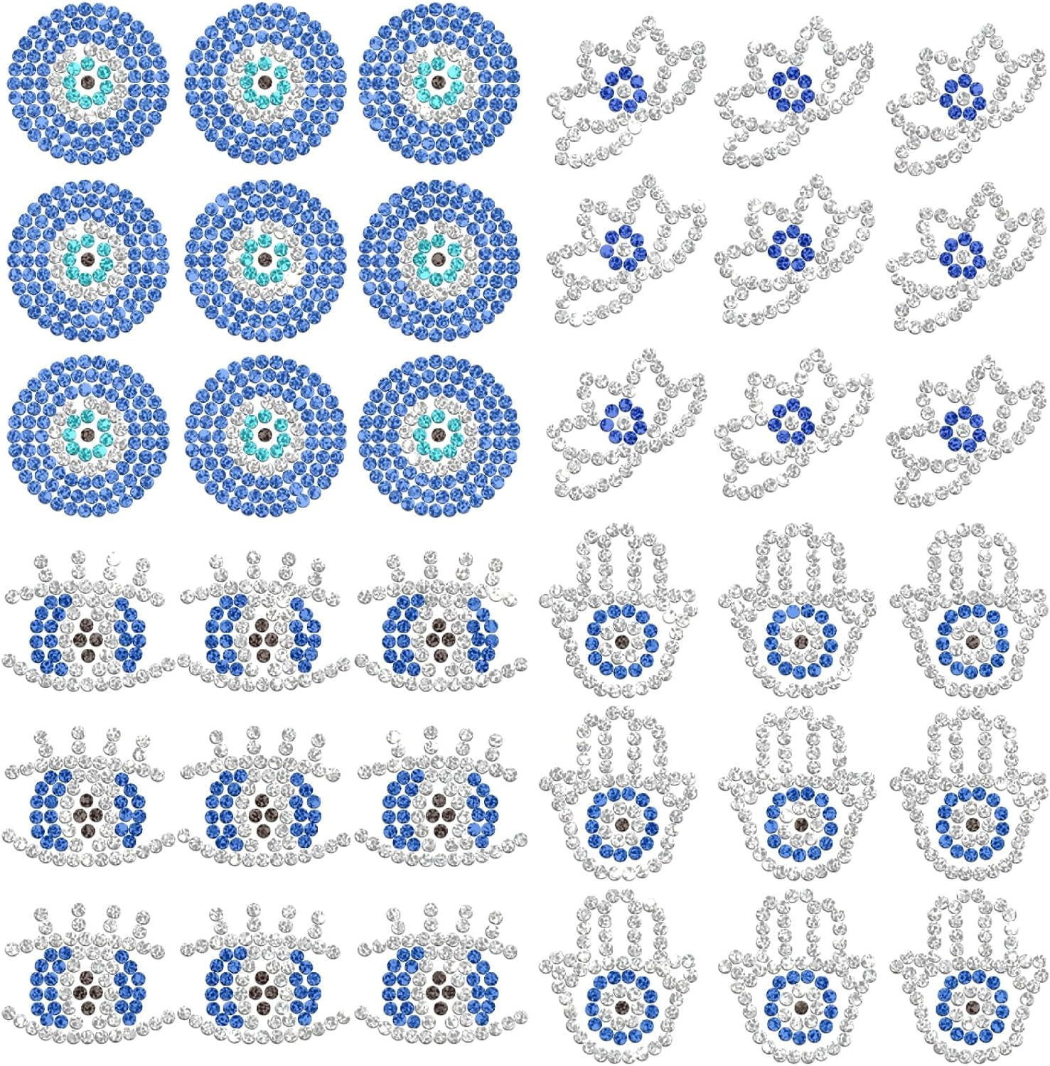 4 Sheets Blue Evil Eye Rhinestone Iron on Decal Bling Lotus Hamsa Hand ...