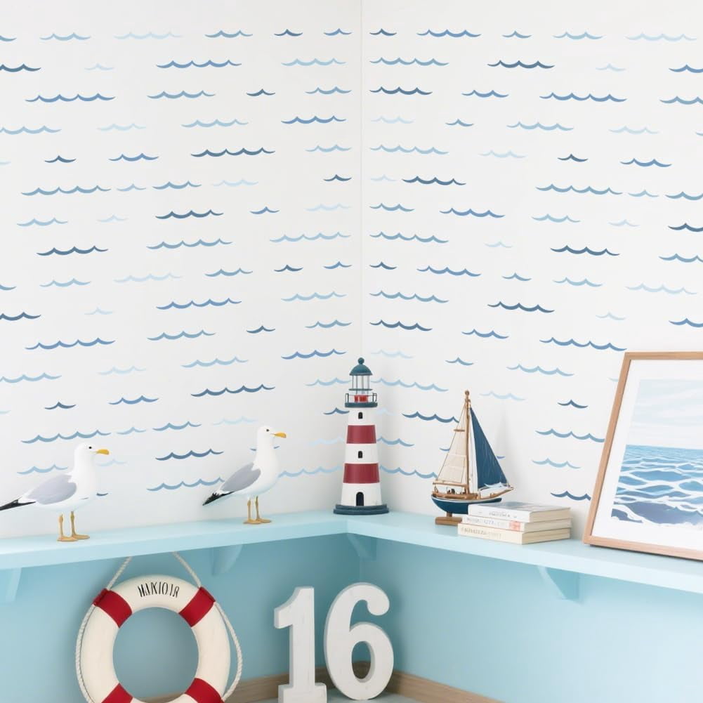 4 Sheets Blue Ocean Wave Wall Stickers Minimalist Sea Waves Wall Decals ...