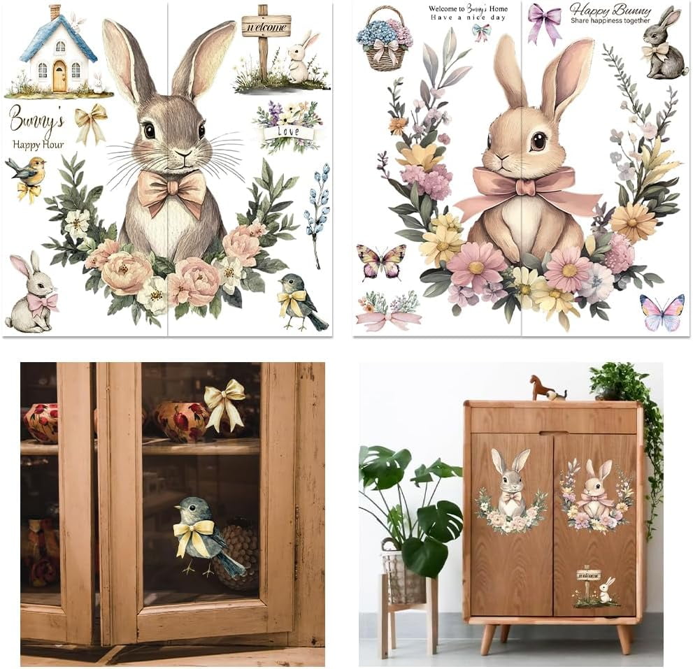 4 Sheets Bunny and Wreath Furniture Transfer 6x12inch Easter Day Rub on ...