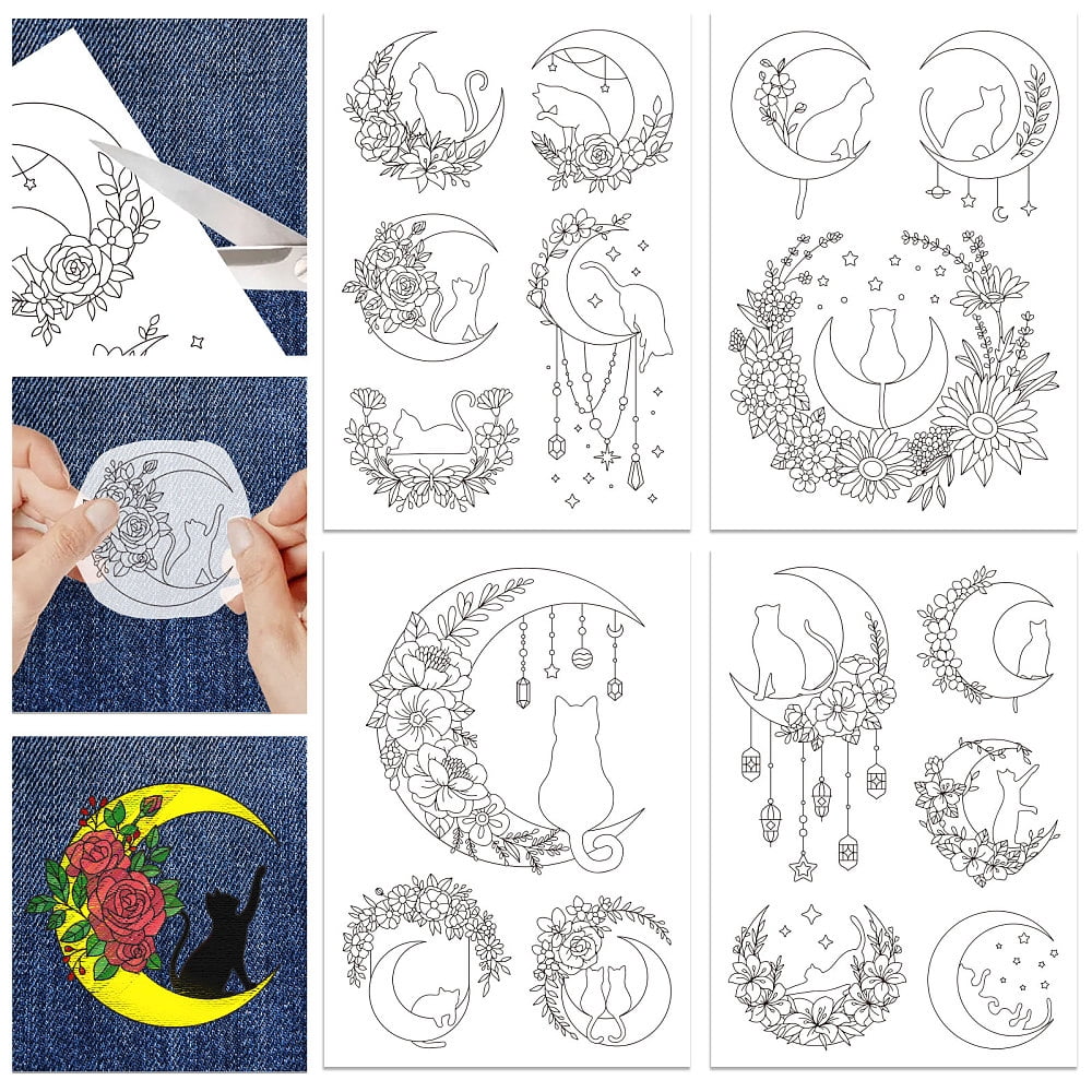 4 Sheets Cat Moon and Flower Water Soluble Stabilizer Hand Sewing ...