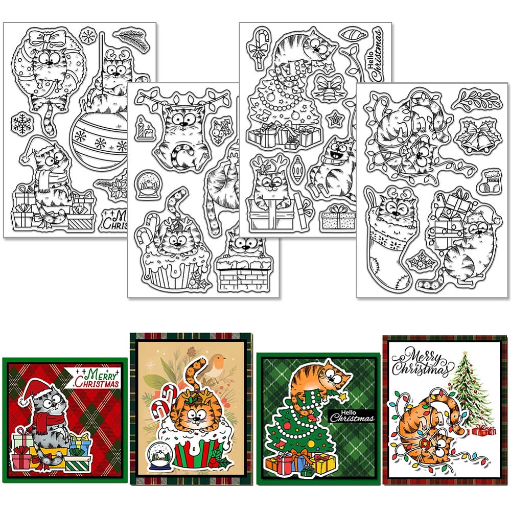4 Sheets Christmas Comic Cat Clear Stamp for Scrapbooking Cartoon Cats ...