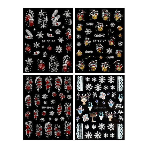 4 Sheets Christmas Nails Sticker Self-Adhesive Nails Decals Snowflake ...
