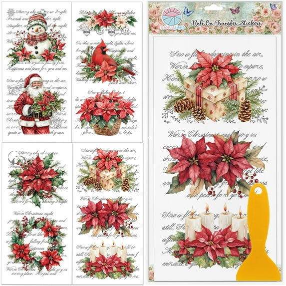 4 Sheets Christmas Poinsettia Colorful Rub on Transfers Christmas ...