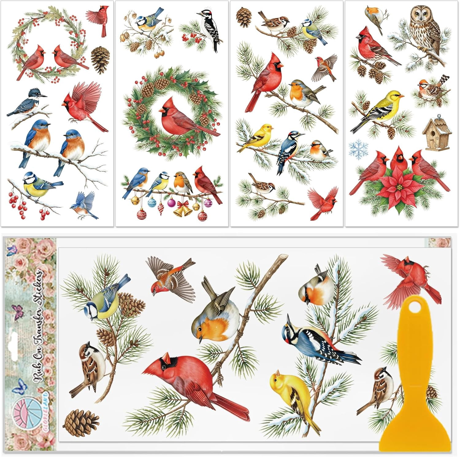 4 Sheets Christmas Winter Birds Furniture Transfers Stickers 6x12inch ...