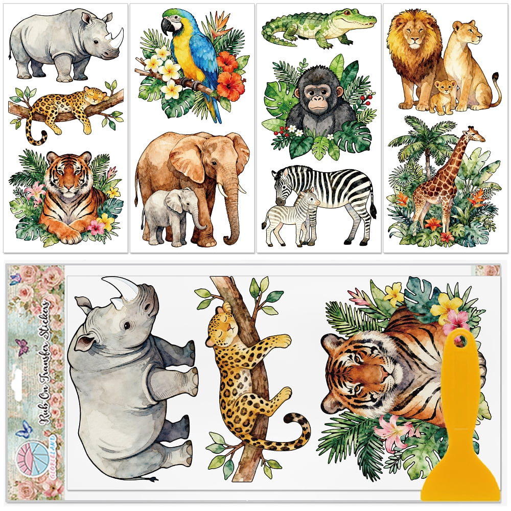 4 Sheets Colorful Jungle African Animals Rub on Transfers Wildlife ...
