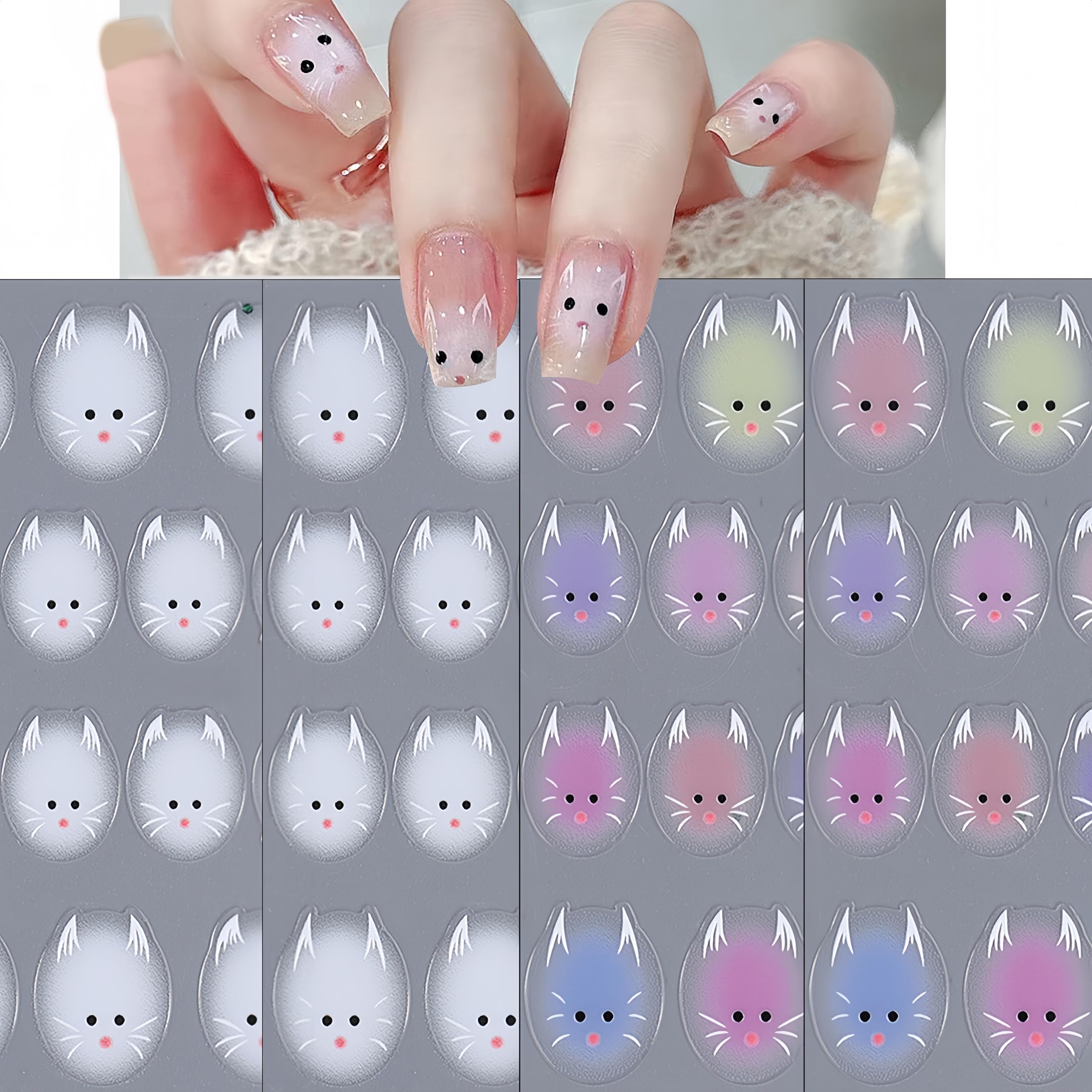 4 Sheets Cute Cat Nail Art Stickers, 5D Self-Adhesive Colorful Little ...
