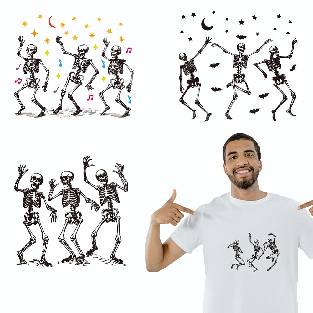 4 Sheets Dancing Skeletons Cloth Iron on Stickers Stars Moon Skeletons ...