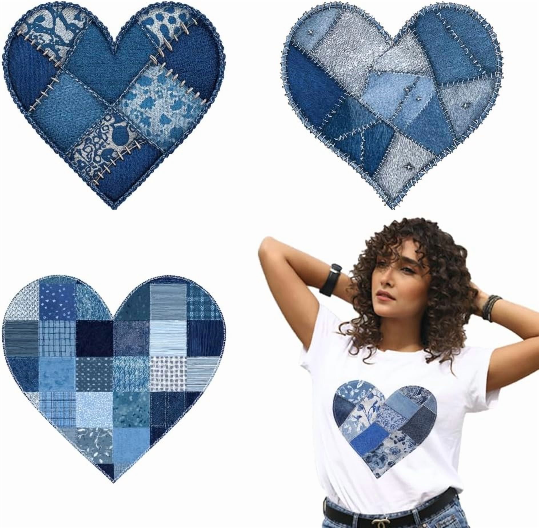 4 Sheets Denim Heart Iron on Stickers Plaid Denim Cloth Heart Pattern ...