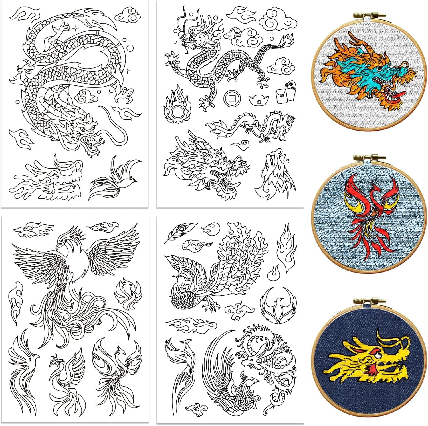 4 Sheets Dragon Phoenix Stick and Stitch Water Soluble Stabilizer Hand ...