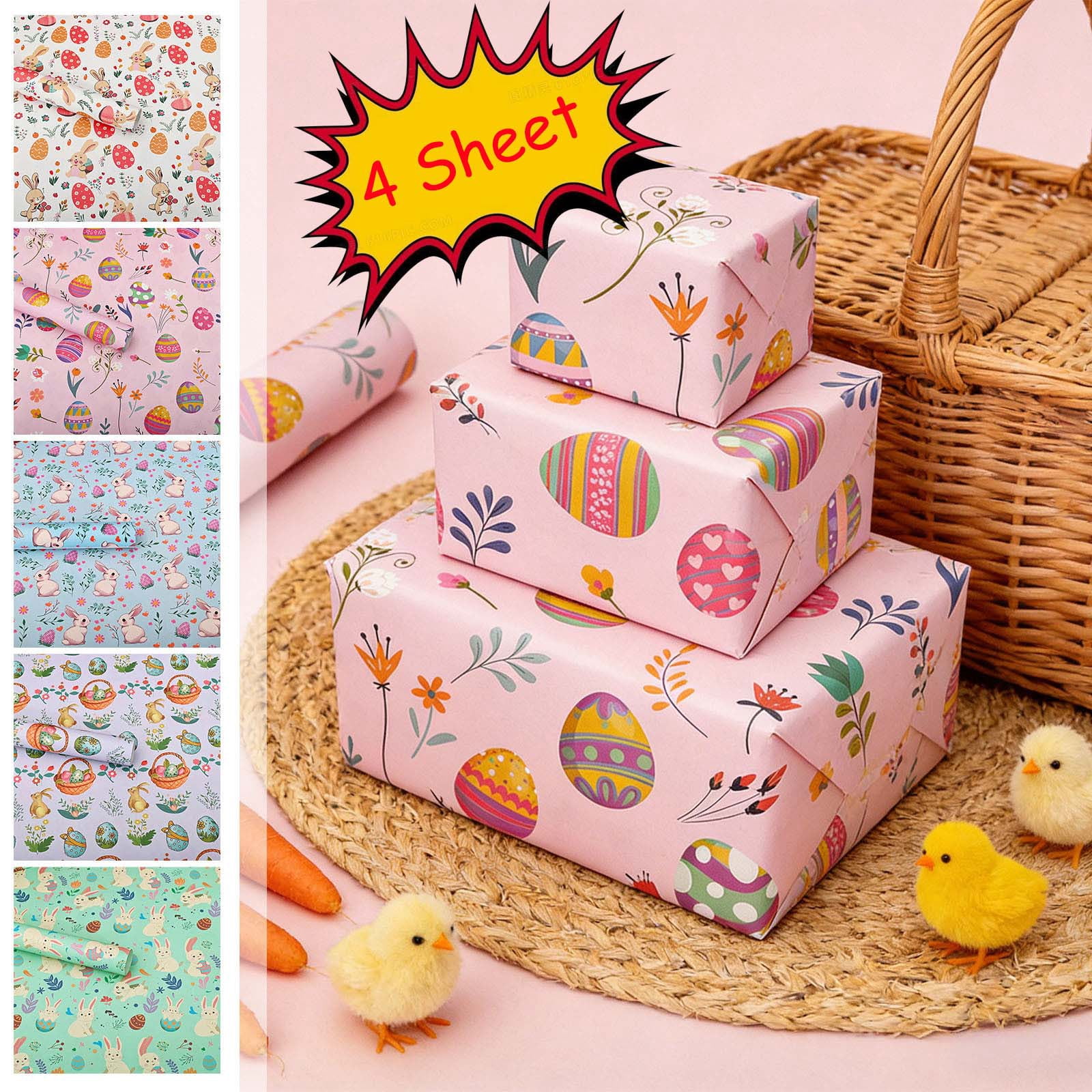 4 Sheets Easter Wrapping Paper Roll, with Bunny Eggs and Floral Design ...