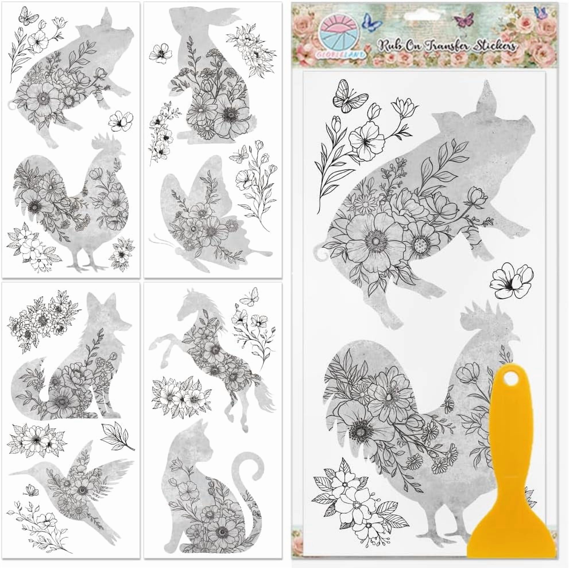 4 Sheets Floral Animals Rub on Transfers for Furniture Decor 11.8x5.9 ...