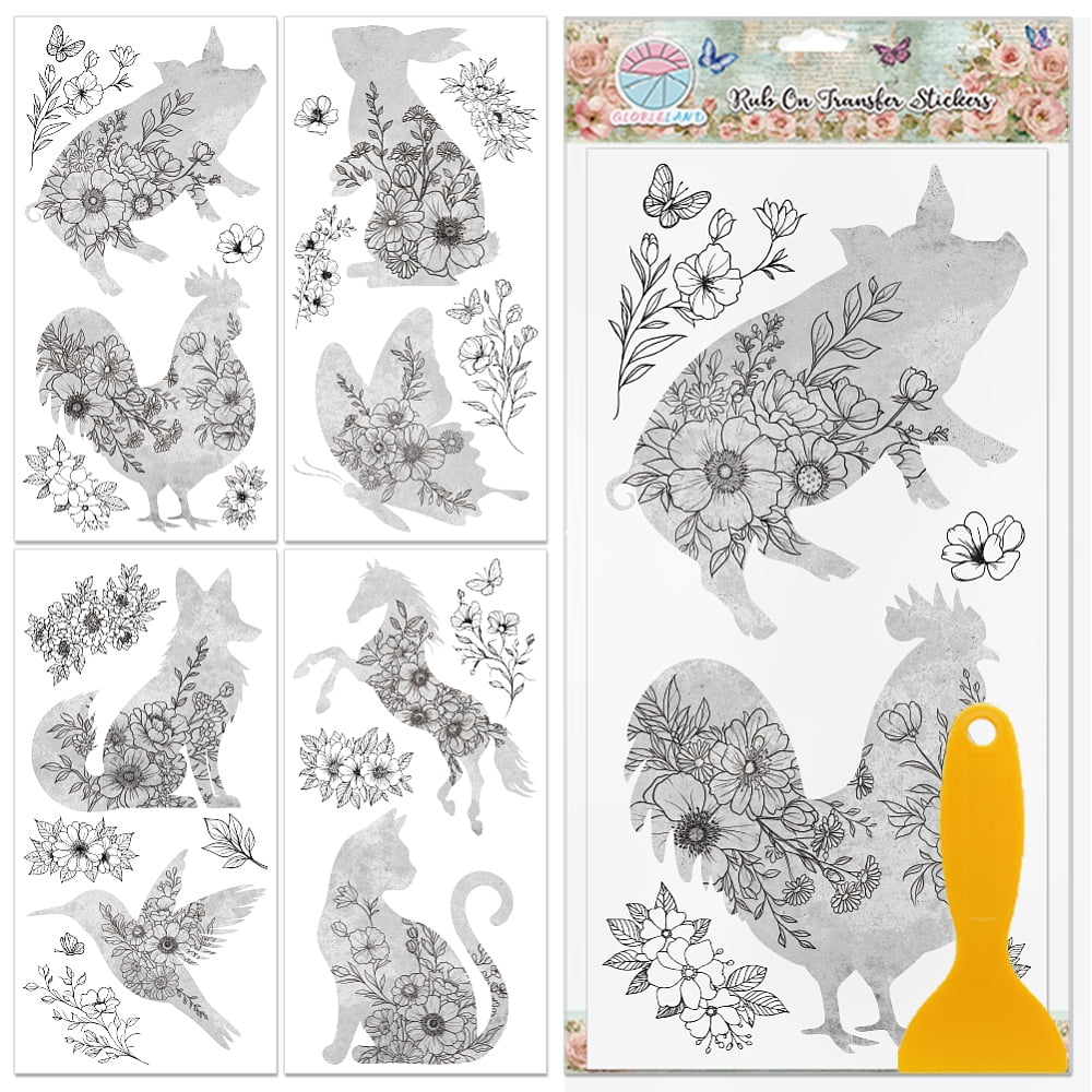 4 Sheets Floral Animals Rub on Transfers - Walmart.com