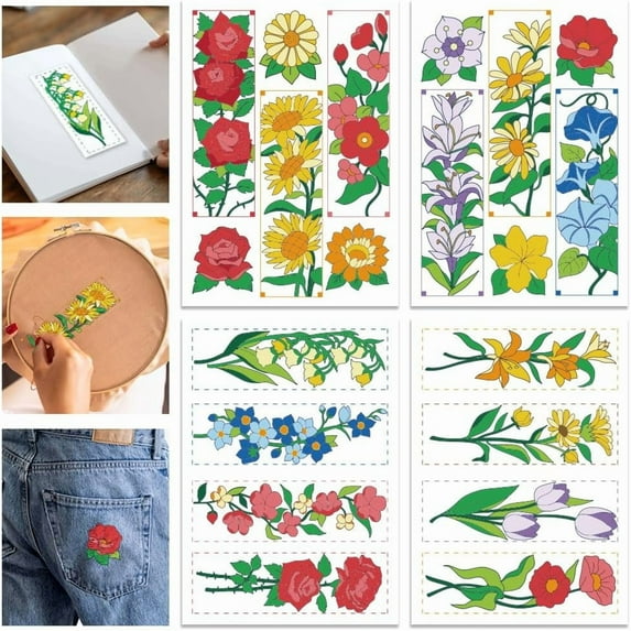 4 Sheets Flowers Bookmarks Colorful Water Soluble Hand Sewing ...