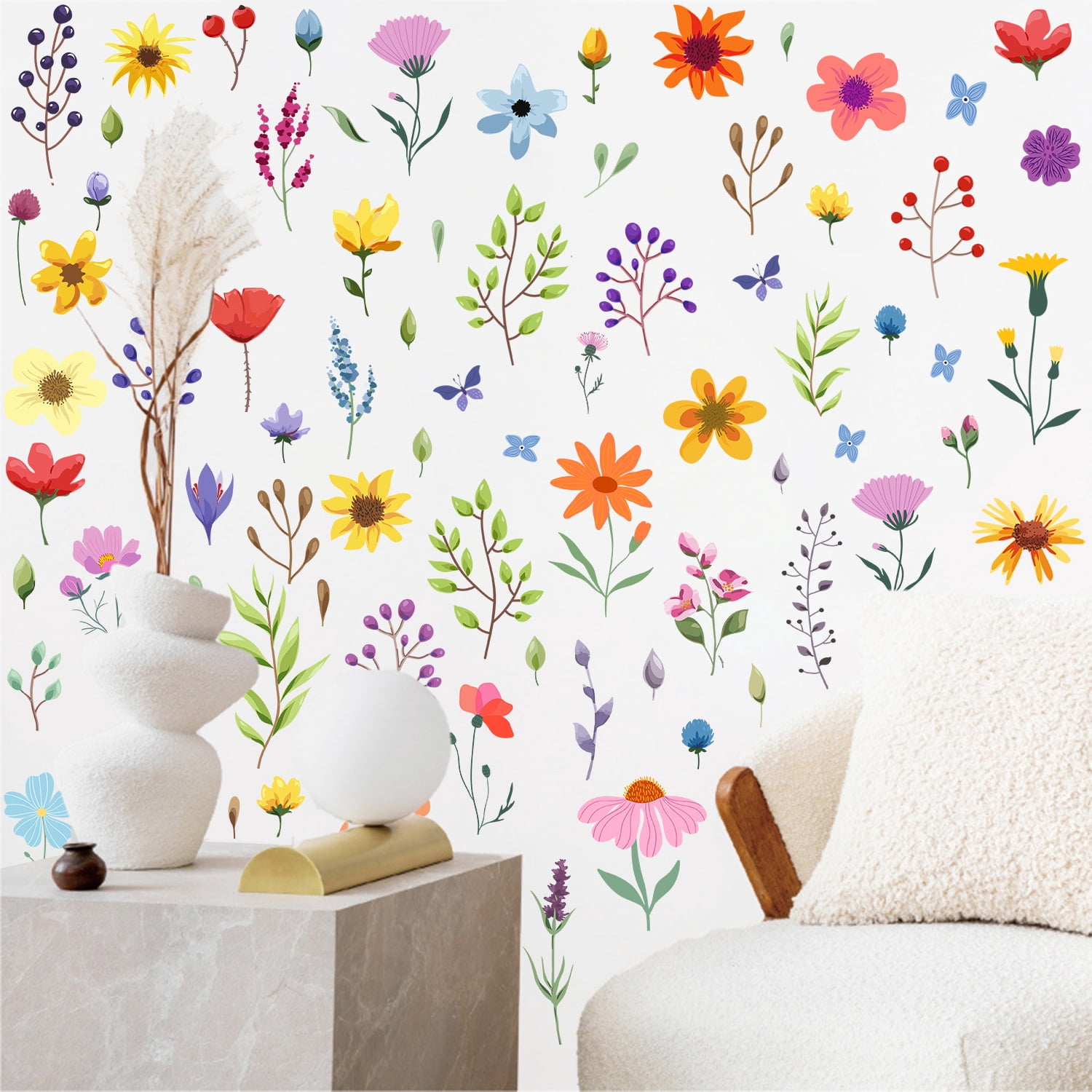 4 Sheets Flowers Decals Colorful Floral Wall Stickers Vinyl Peel and ...