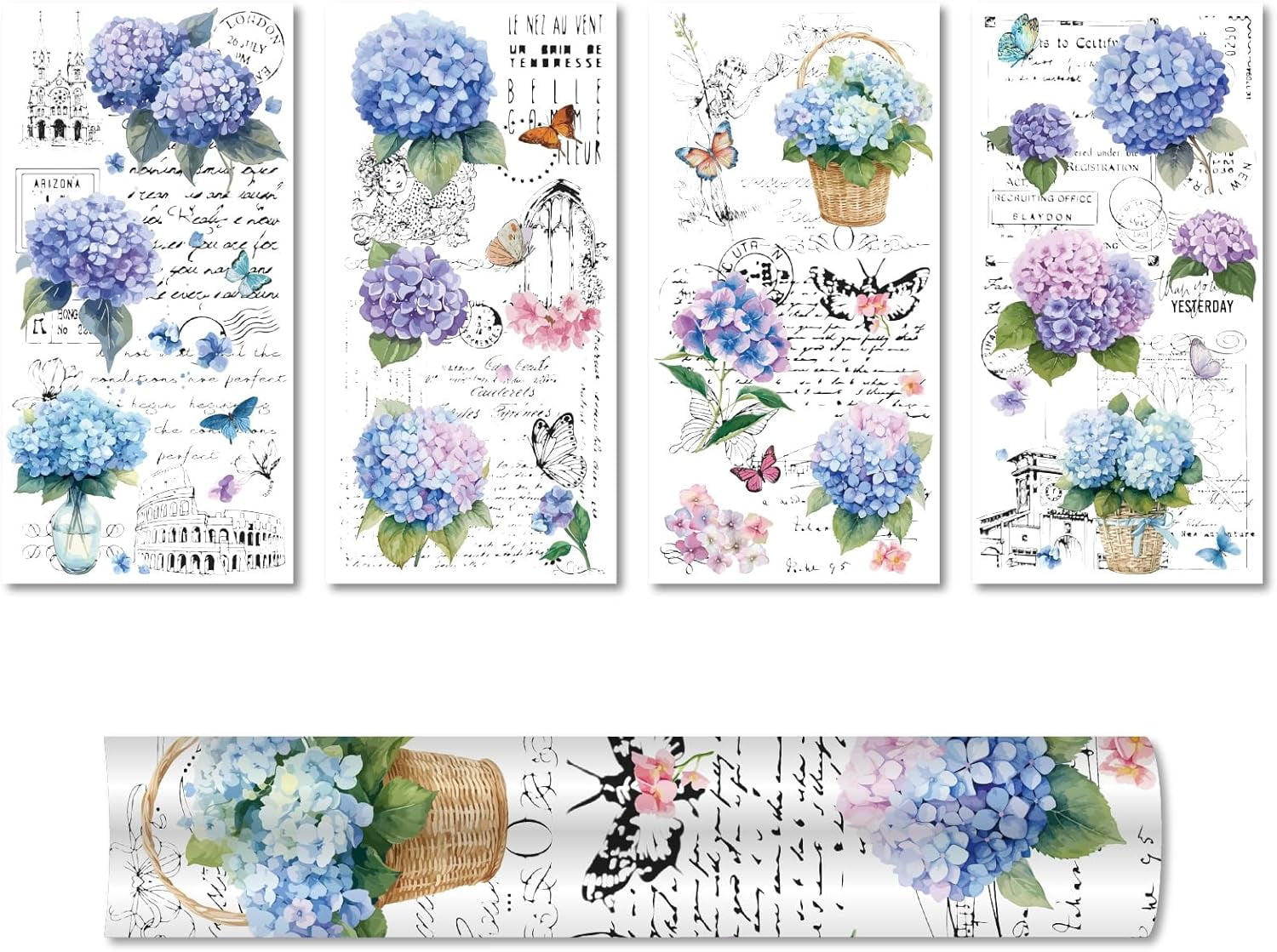 4 Sheets Flowers Rub on Transfers for Furniture Crafts Hydrangea Blue ...