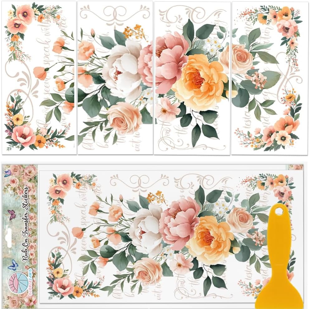 4 Sheets Flowers Transfer 11.8x5.9inch Rose Flower Corners Rub on ...