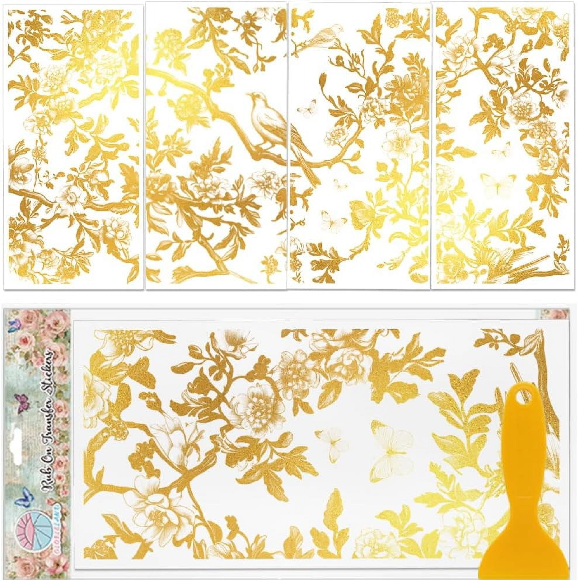 4 Sheets Gradient Golden Flowers and Birds Furniture Transfer 11.8x5.9inch Vintage Butterflies ...