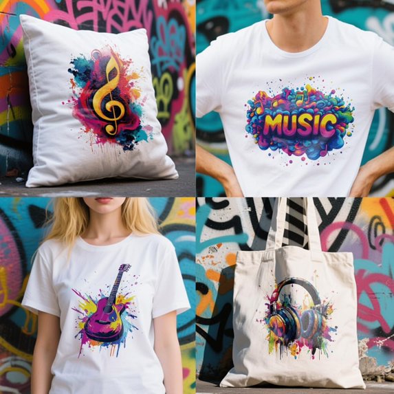 4 Sheets Graffiti Music Cloth Iron on Stickers Headphones Notes Guitars ...