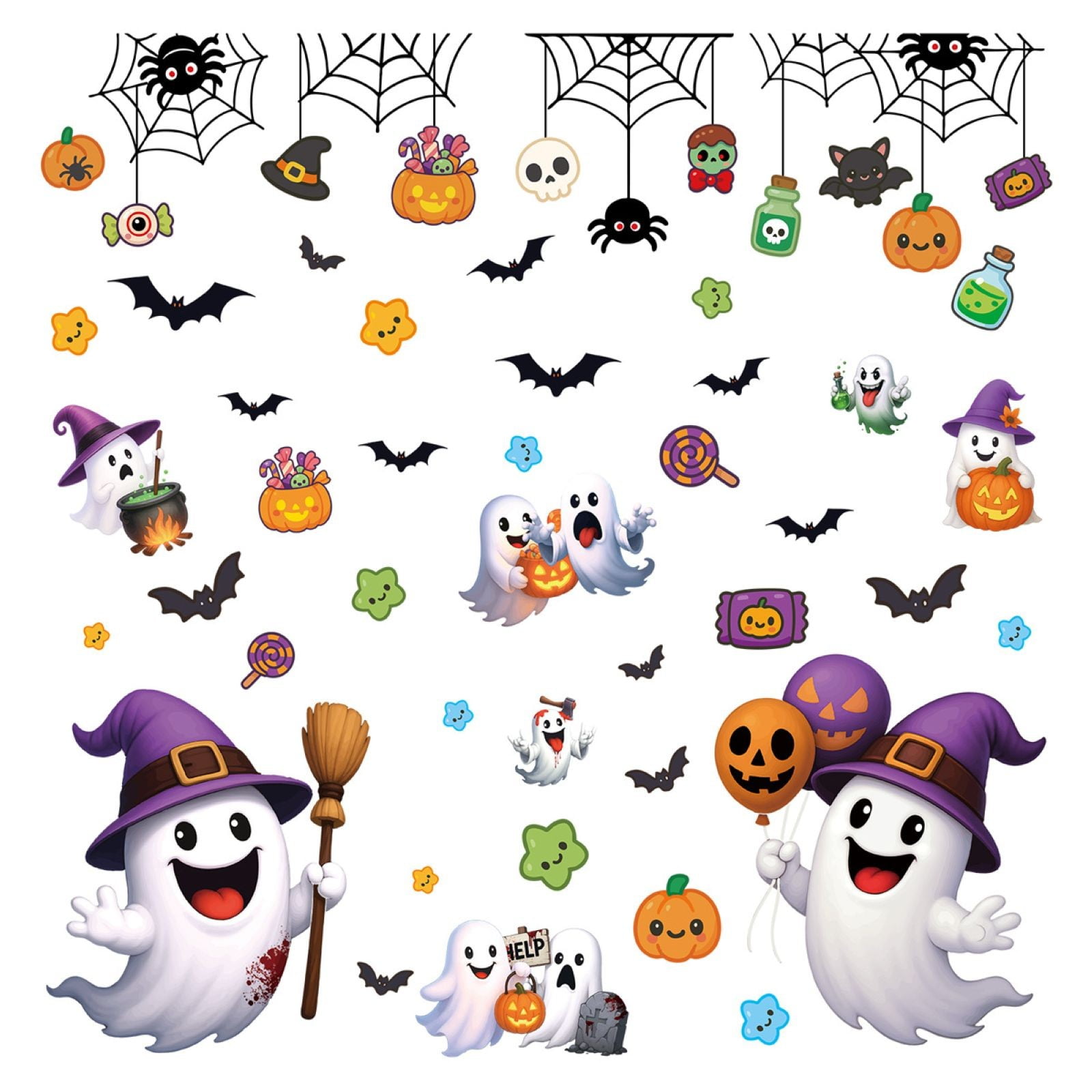 4 Sheets Halloween Static Cling Stickers Set Featuring Cartoon Pumpkin ...