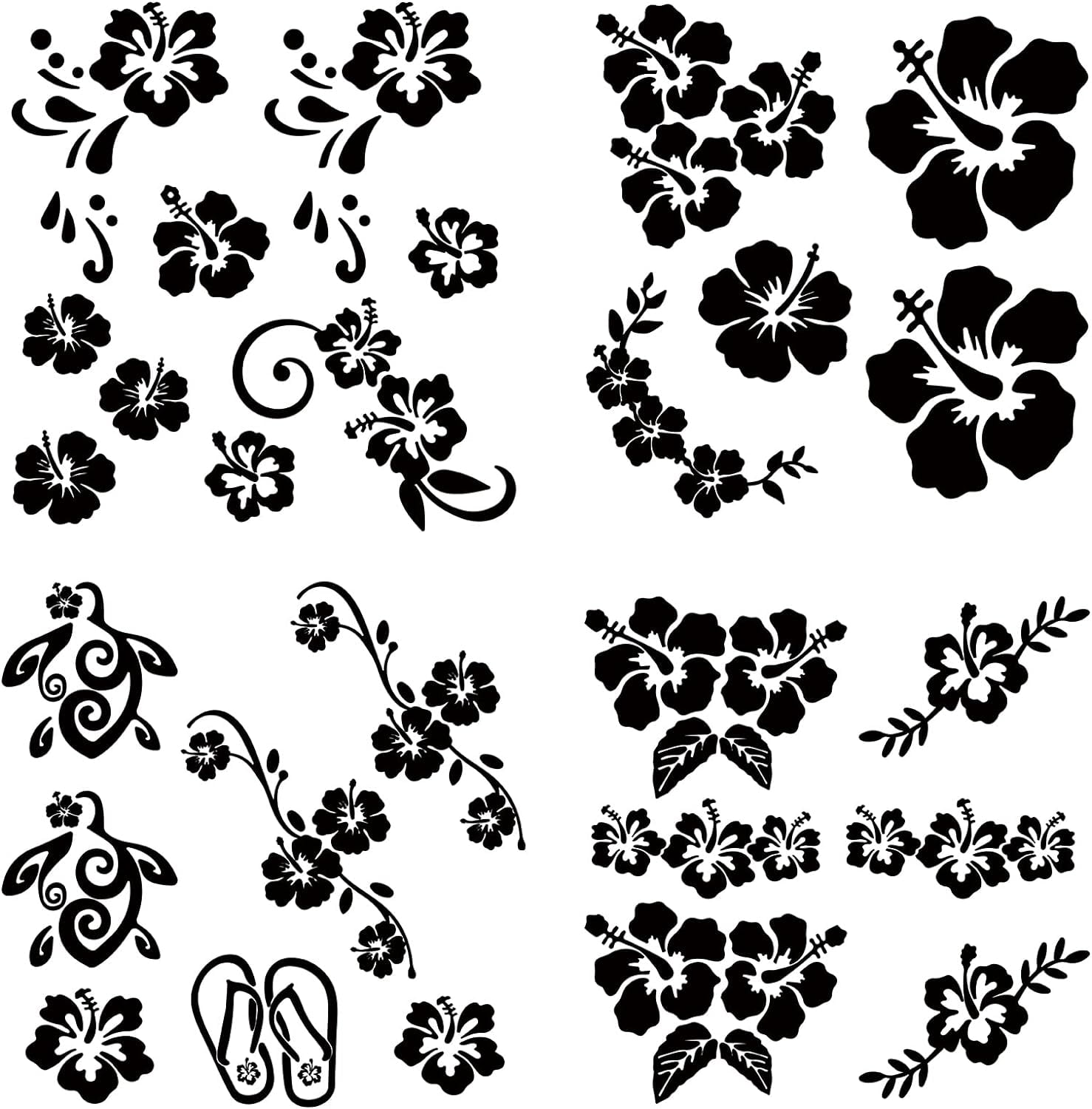 4 Sheets Hawaiian Hibiscus Flower Car Decal Black Laser Reflective Car ...