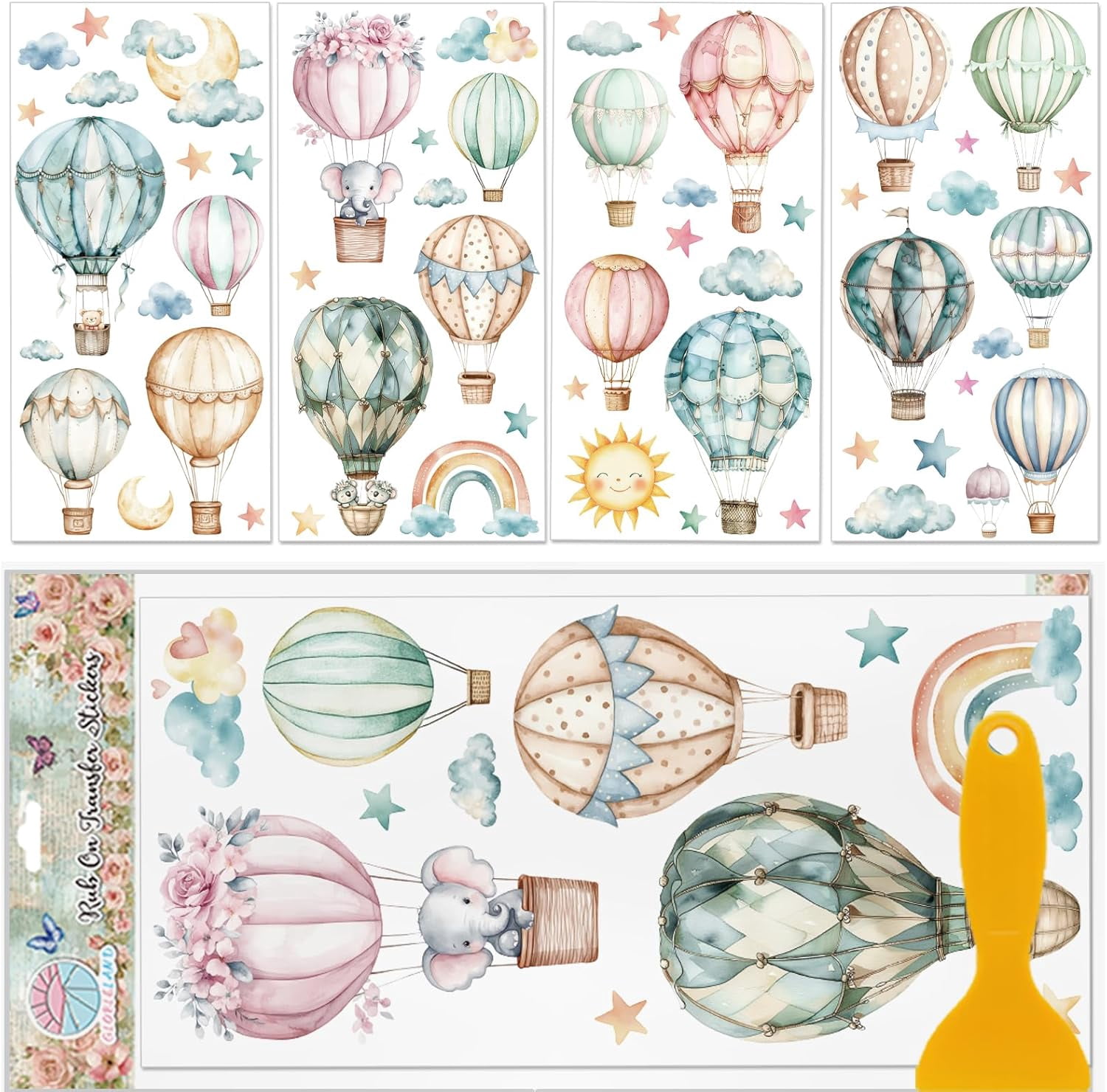 4 Sheets Hot Air Balloon Furniture Transfer 11.8x5.9inch Stars Clouds ...