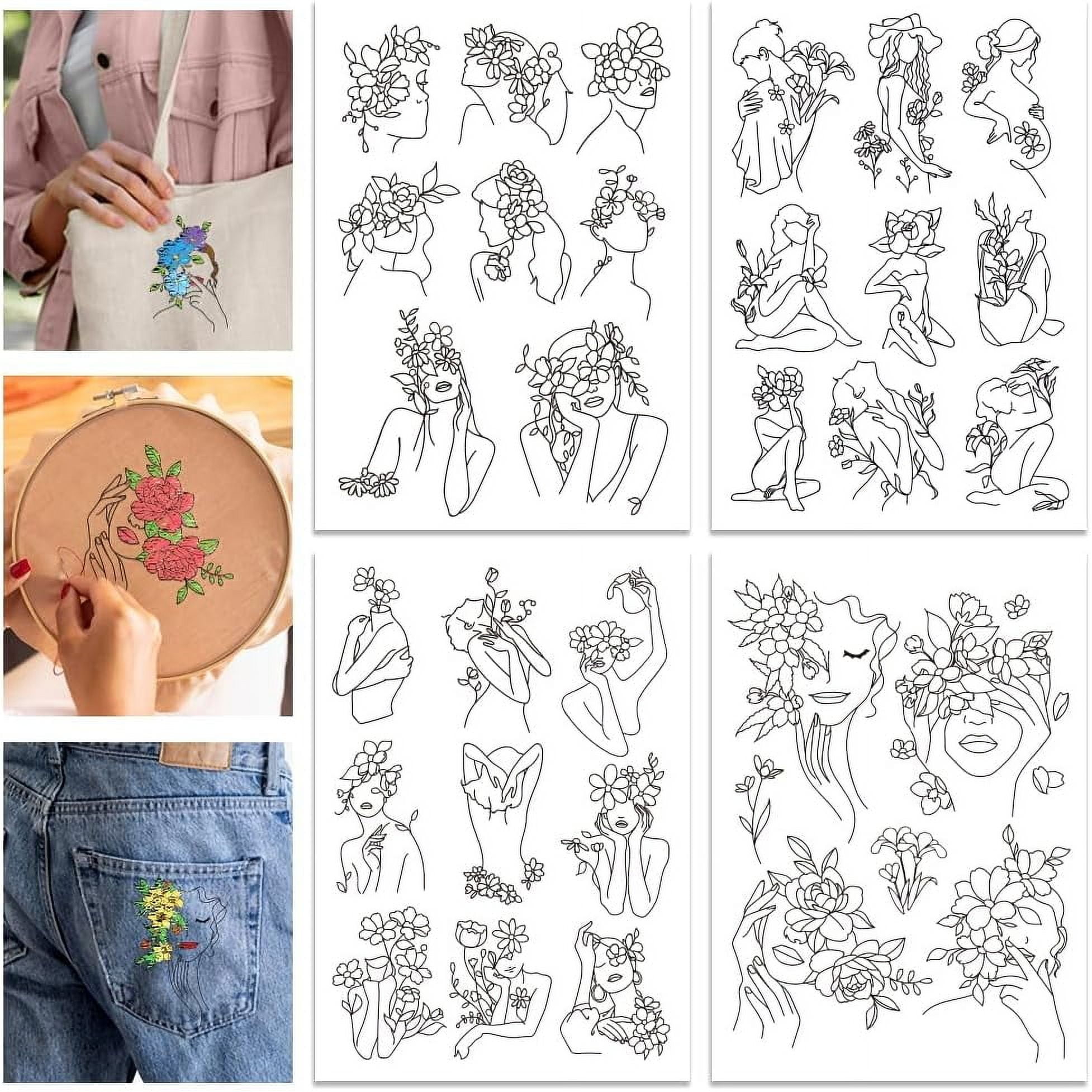 4 Sheets Lady and Flower Water Soluble Stabilizer Hand Embroidery Stick ...