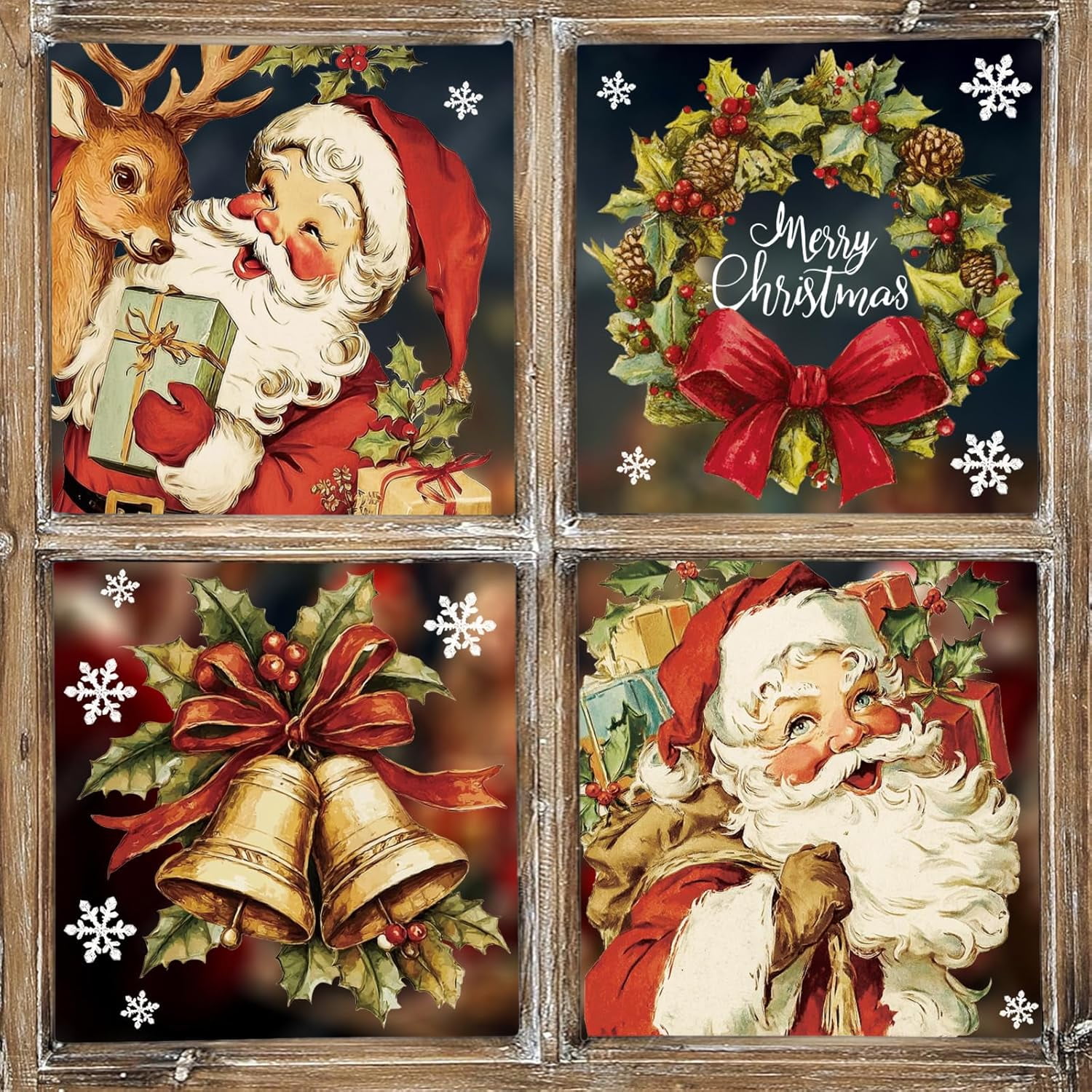 4 Sheets Large Christmas Window Clings, Santa-Reindeer-Holly-Berry-Bell ...
