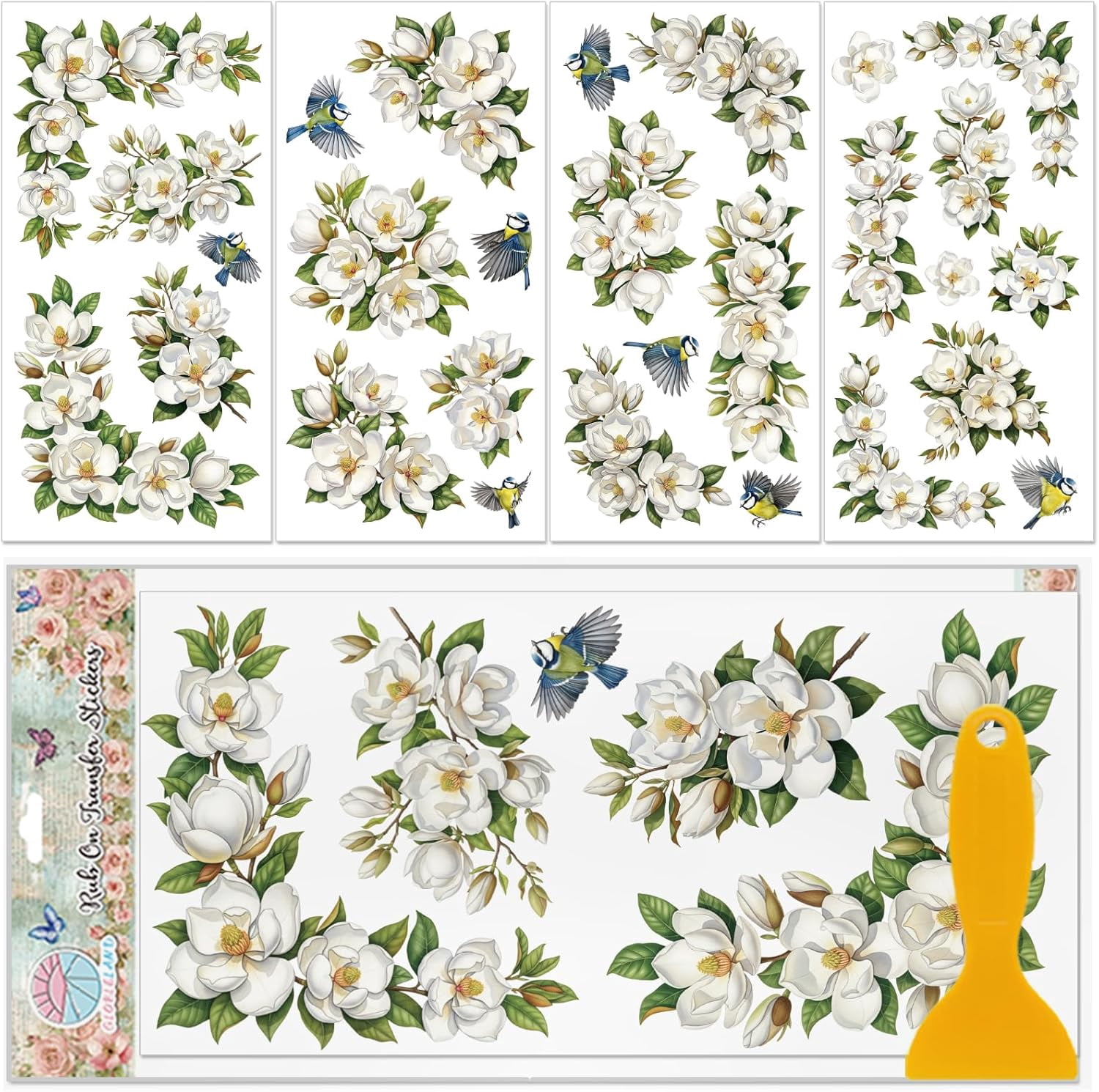 4 Sheets Magnolia Flowers Corners Furniture Transfers Stickers 6x12inch ...