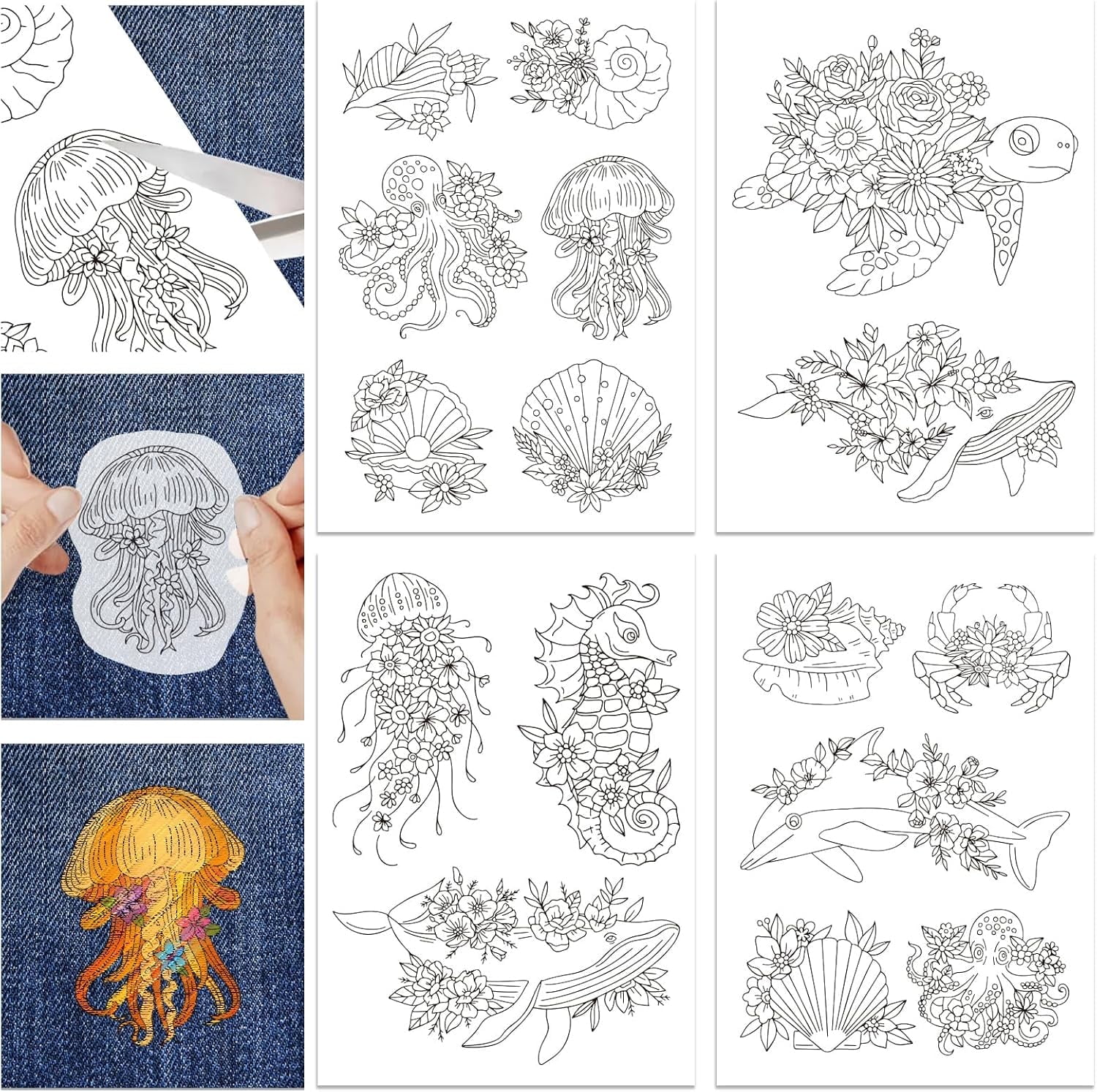4 Sheets Marine Organisms and Flower Water Soluble Hand Sewing ...