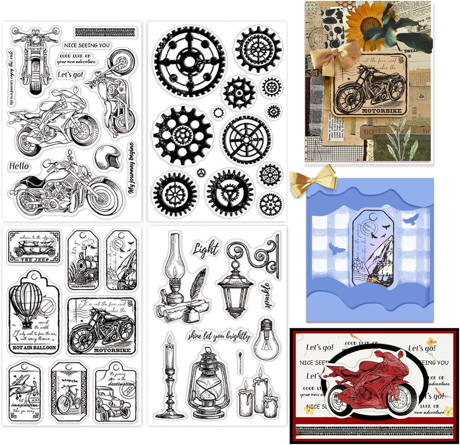 4 Sheets Motorcycle and Gear Clear Stamps for Card Making Vehicle Text ...