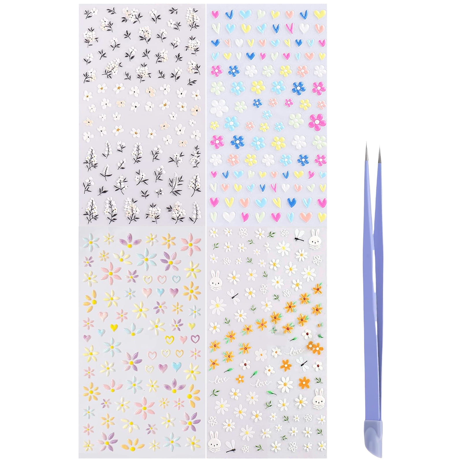 4 Sheets Nails Decals Flower Nails Sticker with Tweezers 5D Flower ...