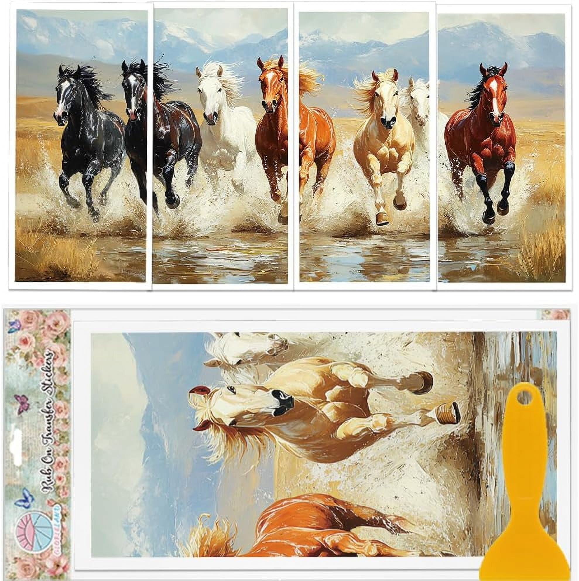 4 Sheets Onrushing Horses Rub on Transfers Grasslands Furniture Decor ...