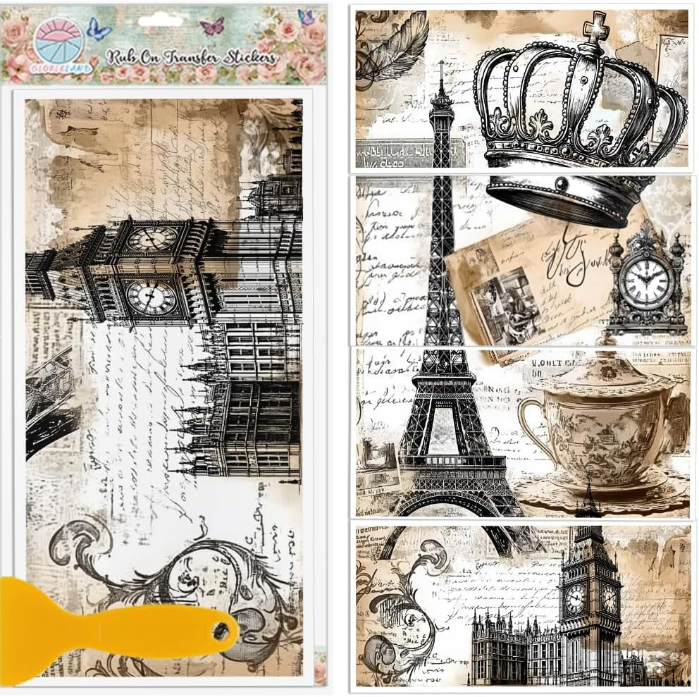4 Sheets Paris Tower Rub on Transfers Vintage Crown Furniture Decor ...