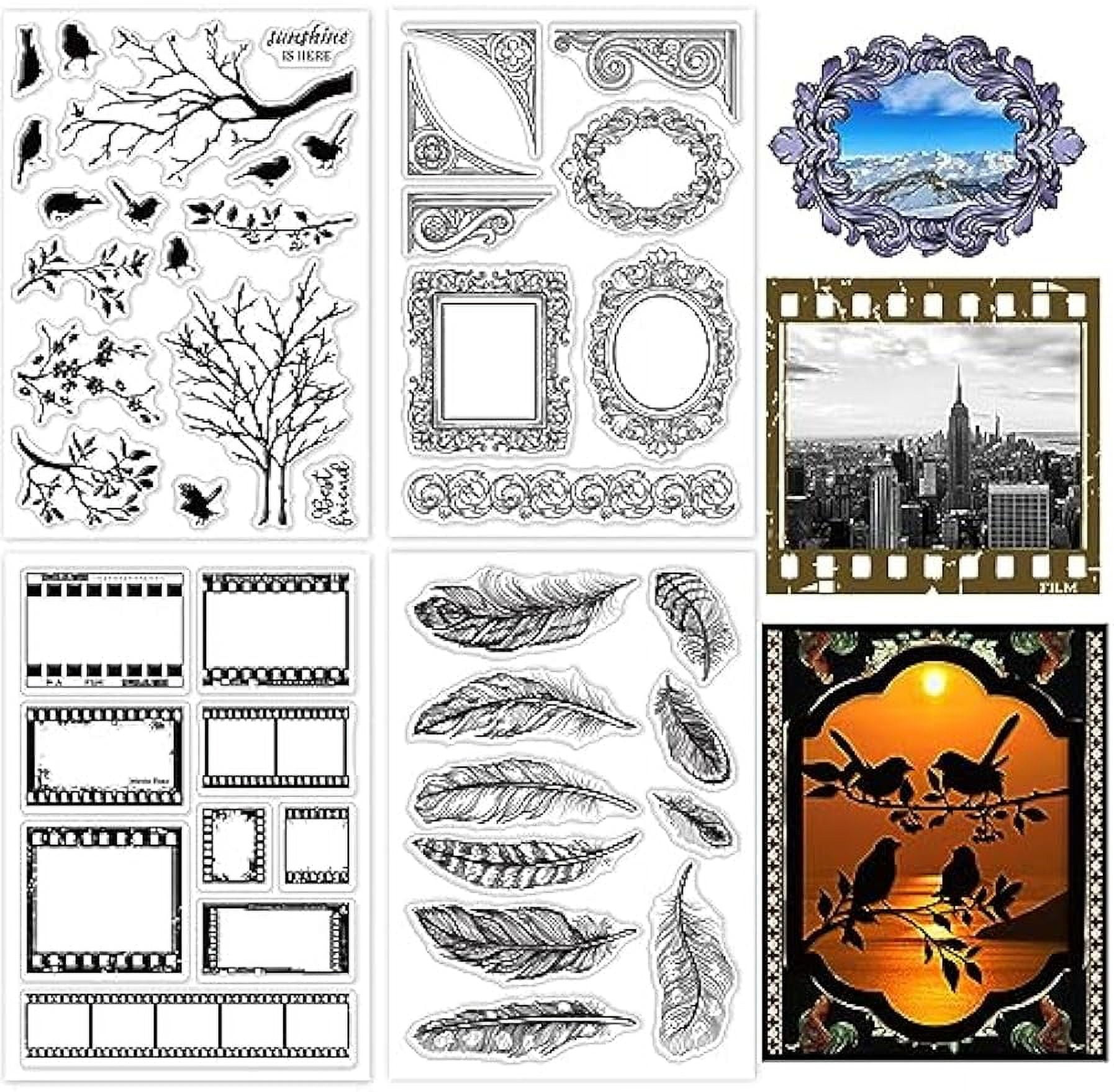 4 Sheets Photo Frame Film Frame Clear Stamps for Card Making Feather ...