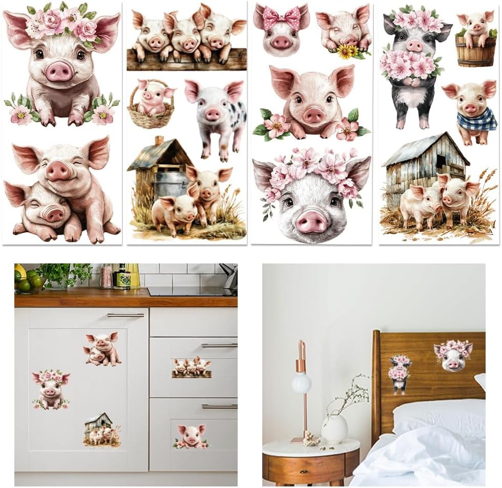 4 Sheets Pig Transfer 11.8x5.9inch Animal Pigsty Flower Rub on Transfer ...