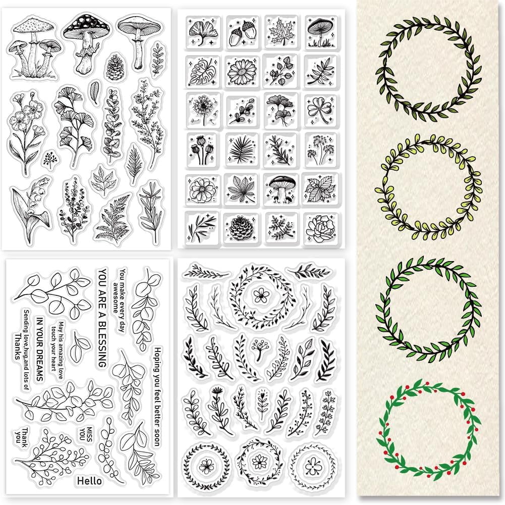 4 Sheets Plant Clear Stamps for Card Making 11x16cm Wreath Branch ...