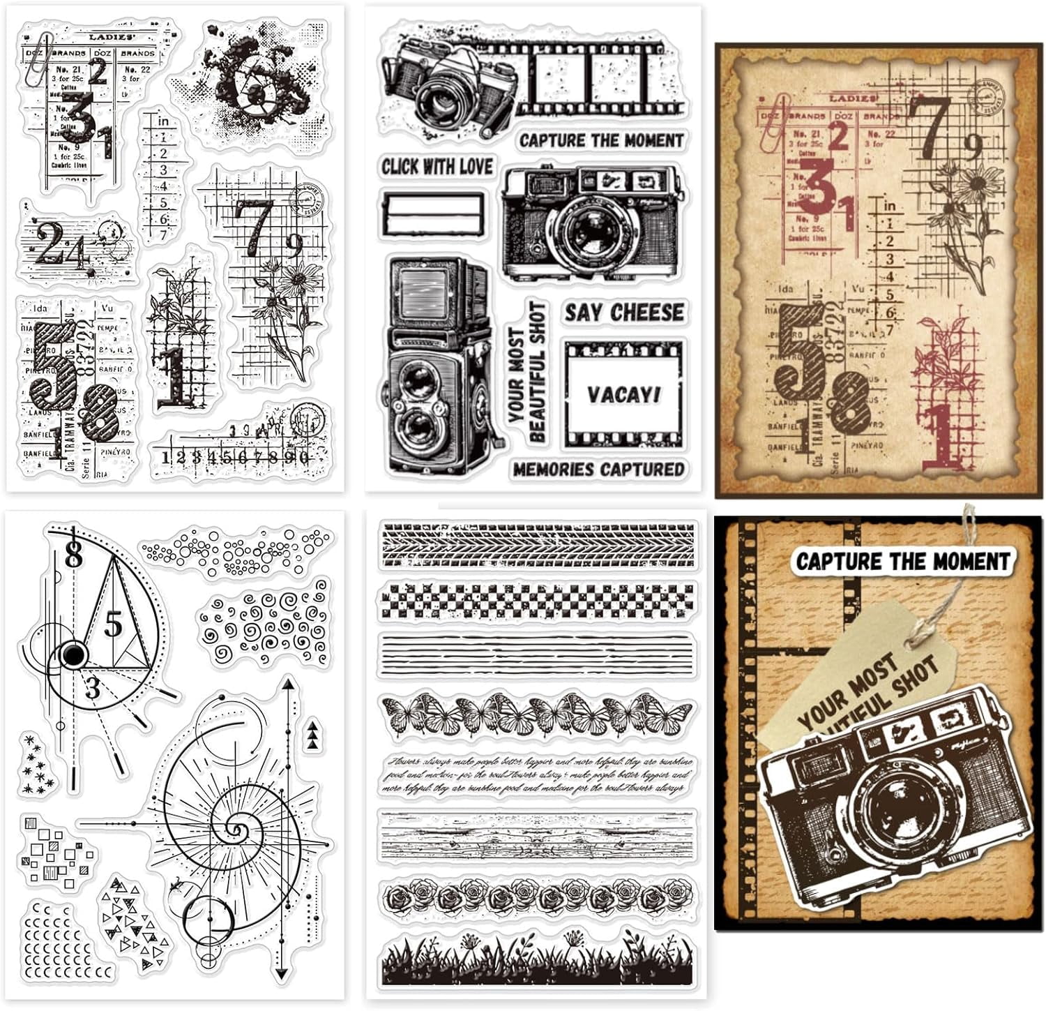 4 Sheets Retro Background Clear Stamps for Card Making Vintage Camera ...