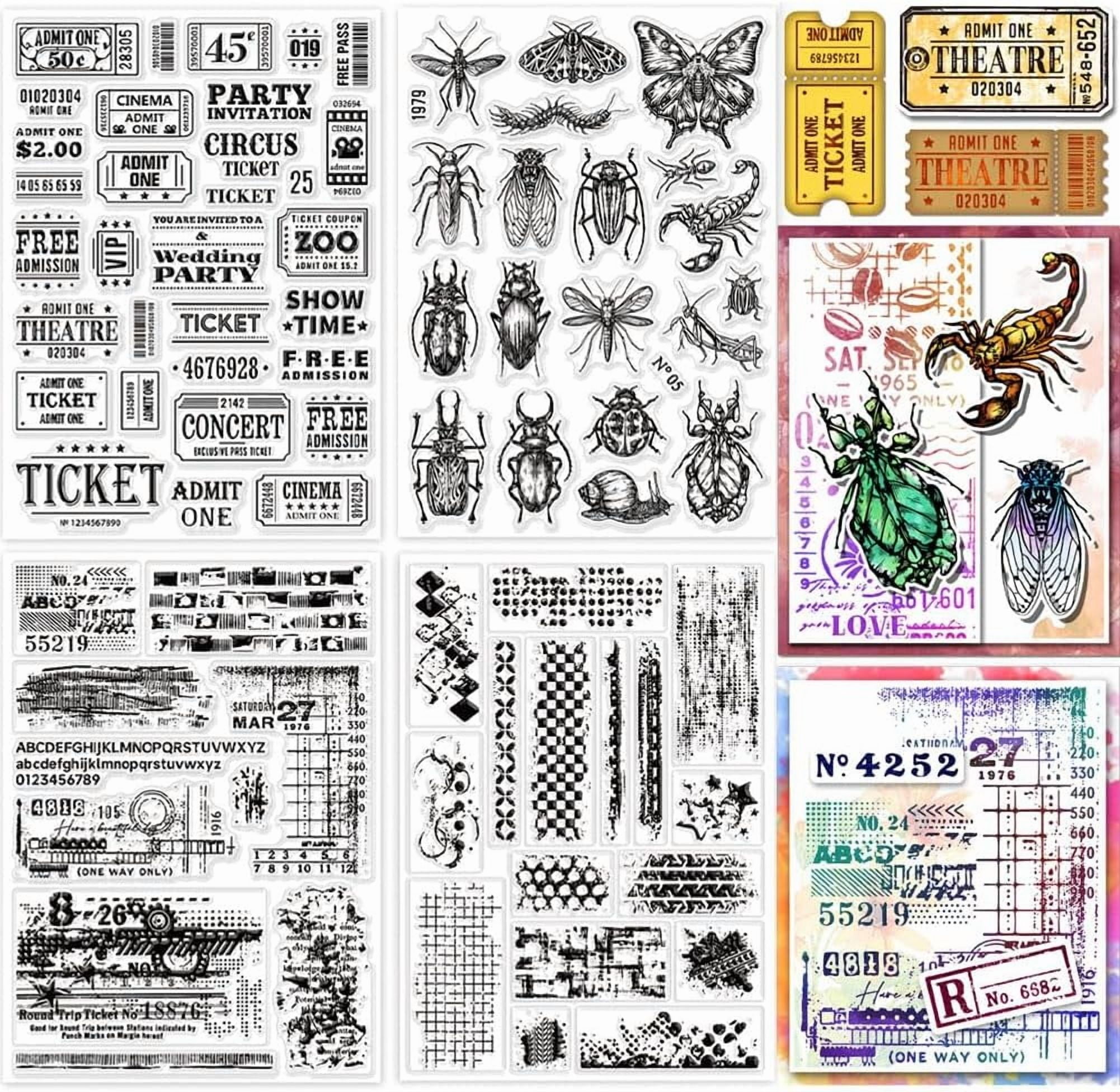 4 Sheets Retro Tickets Clear Stamp for Card Making Insects Silicone ...