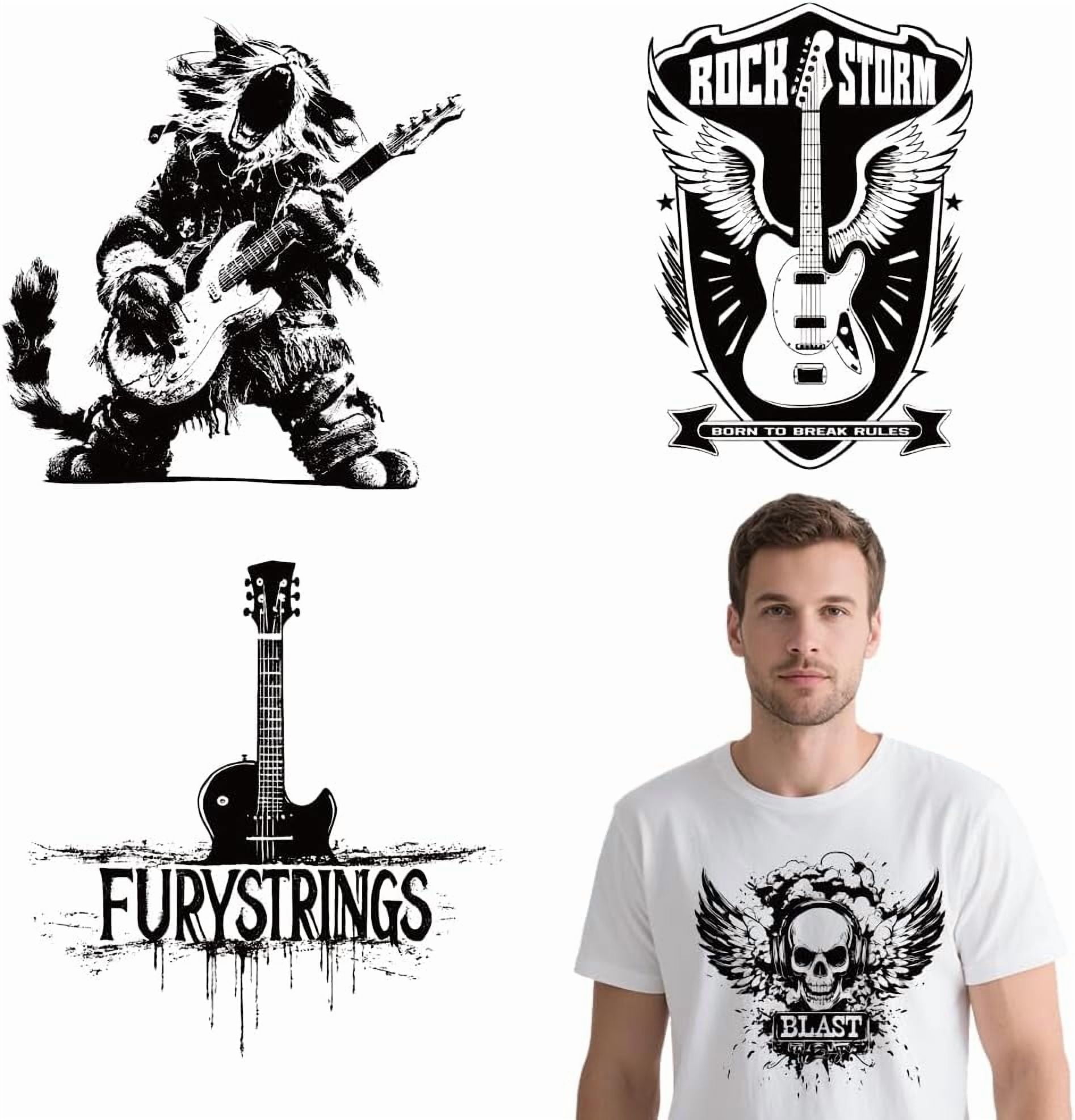 4 Sheets Rock Roll Theme Cloth Iron on Stickers Rock Cat Playing Guitar ...