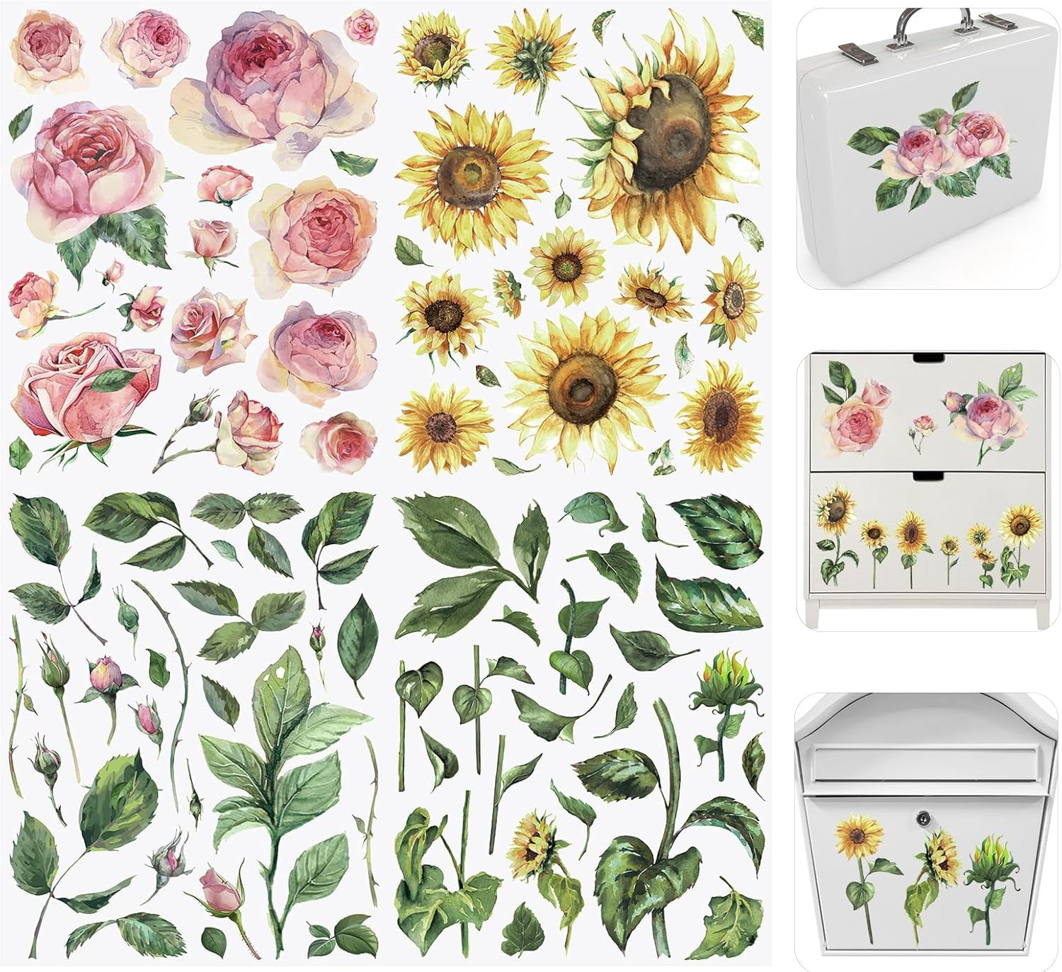4 Sheets Rub On Transfer Sticker, Pink Flowers Decals Sunflower ...