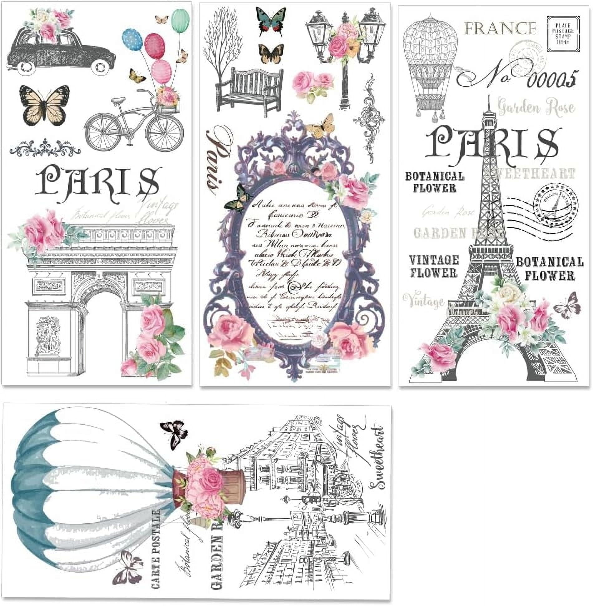 4 Sheets Rub on Transfers for Crafts and Furniture, Paris Themed Rub on ...