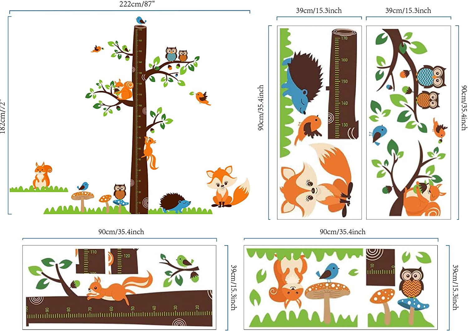 4 Sheets/Set Cartoon Height Growth Chart Wall Sticker Fox Owl Animals ...