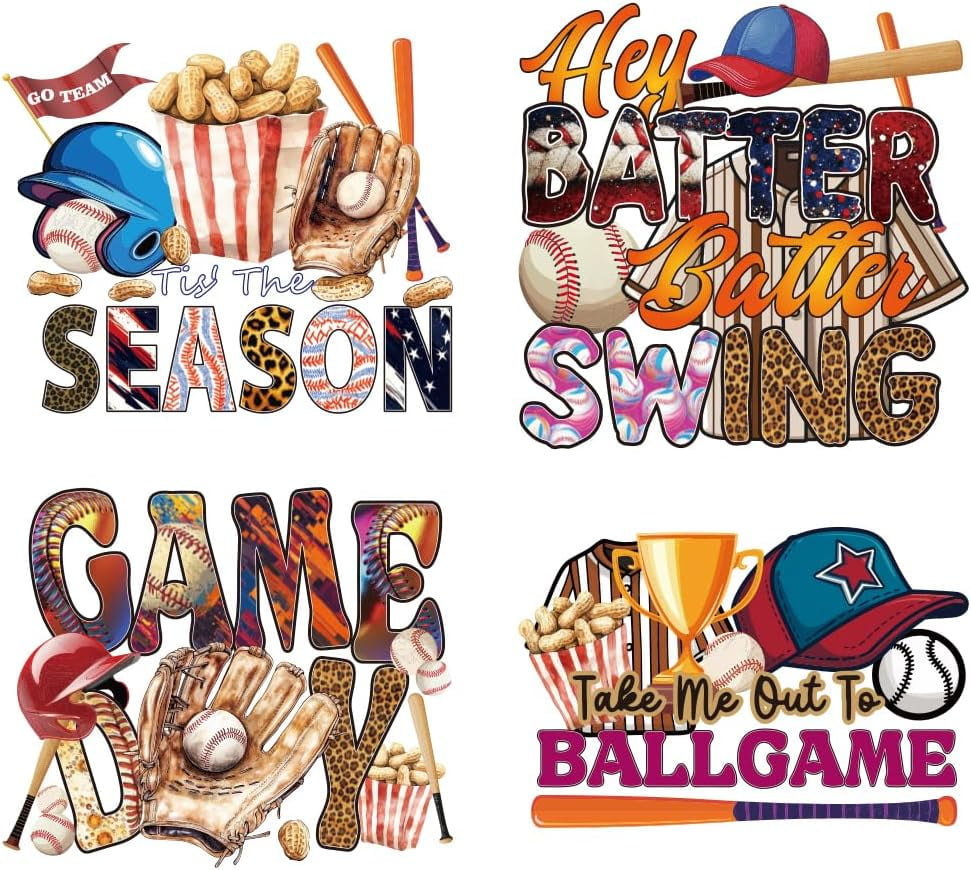 4 Sheets Sports Themed Plastic Iron-on Transfer Logo Stickers Baseball ...