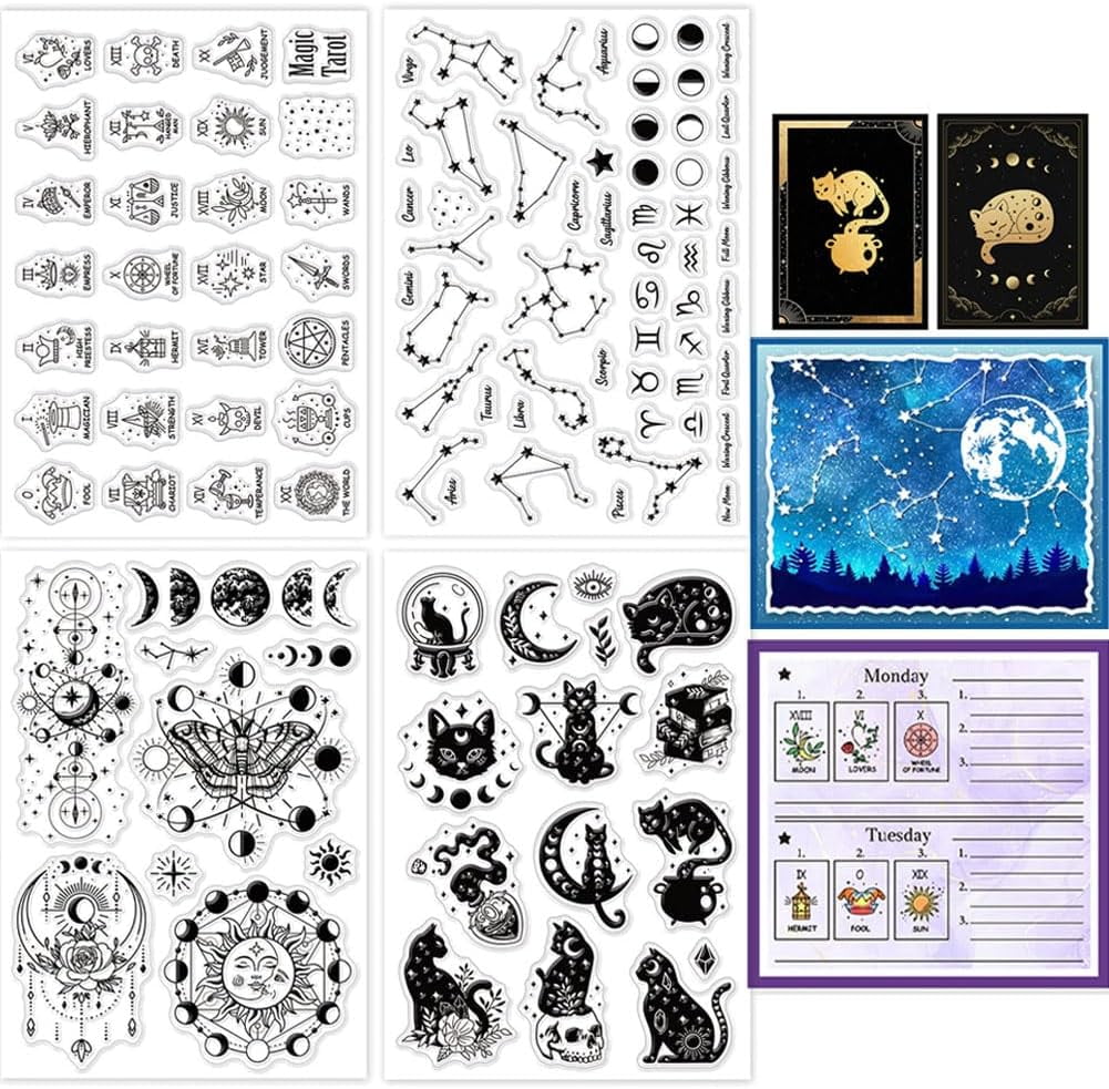 4 Sheets Tarot Cards Clear Stamps for Card Making 12 Zodiac Signs ...