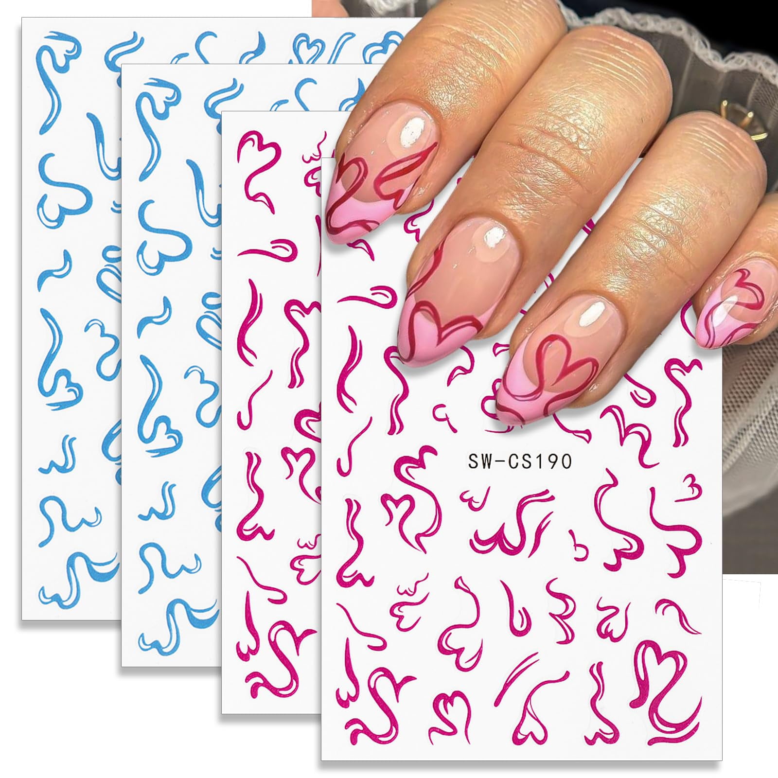 4 Sheets Valentine's Day Love Heart Nail Stickers 3D Self-Adhesive ...