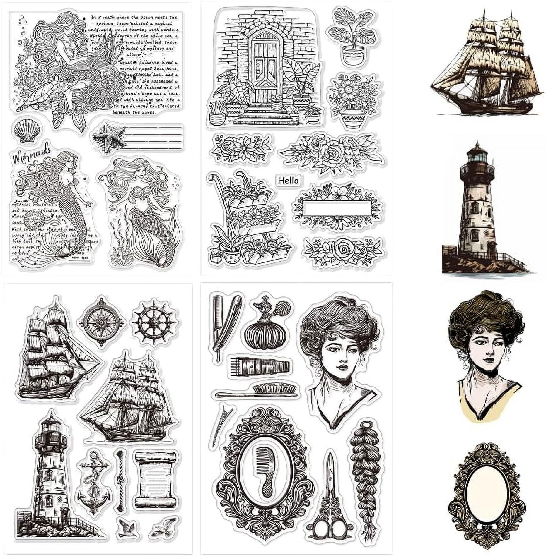 4 Sheets Vintage Clear Silicone Stamps for DIY Card Making Retro Merm ...