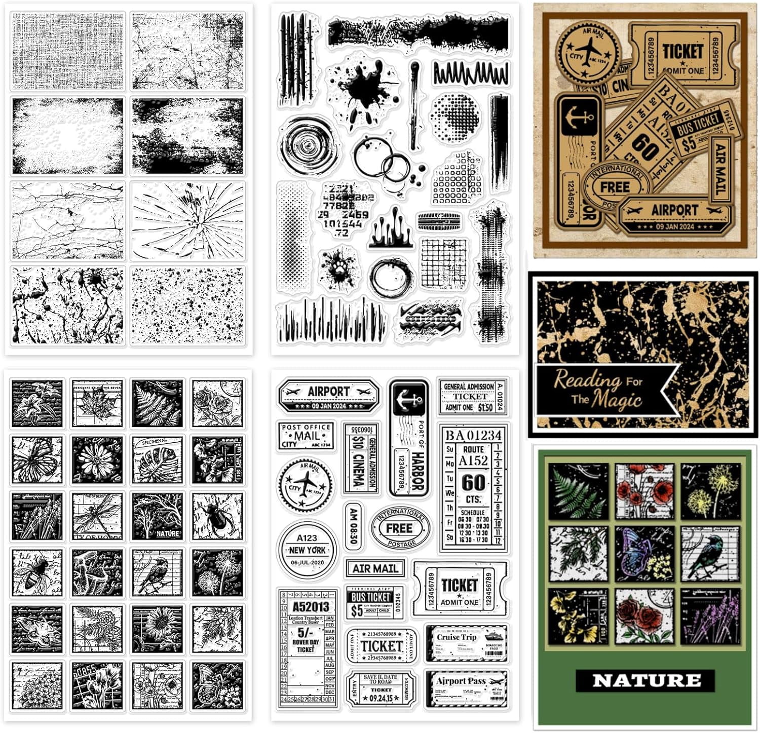 4 Sheets Vintage Stains Background Clear Stamps for Card Making Plants ...