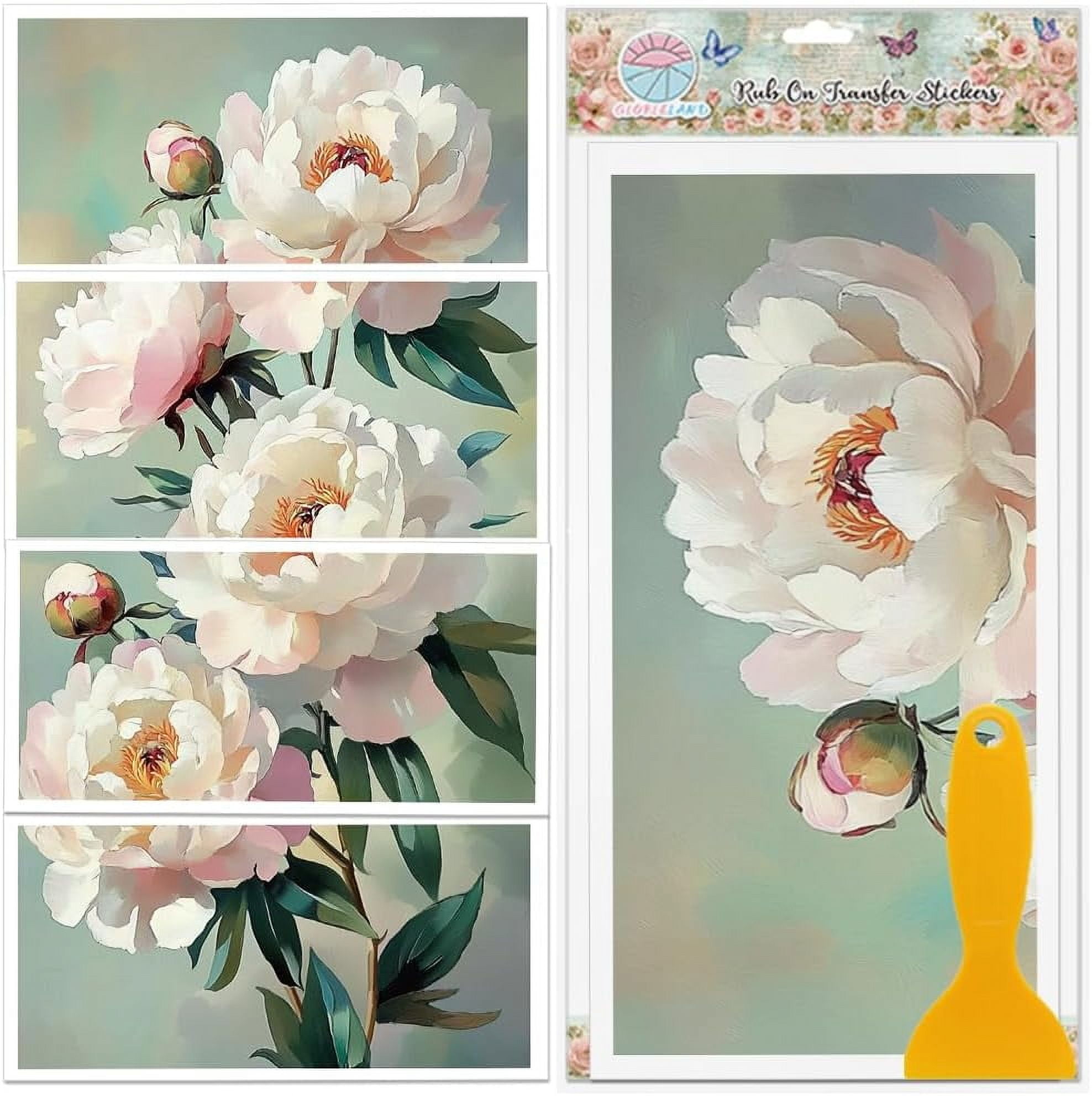 4 Sheets White Peony Rub on Transfers Vintage Flowers Furniture Decor ...